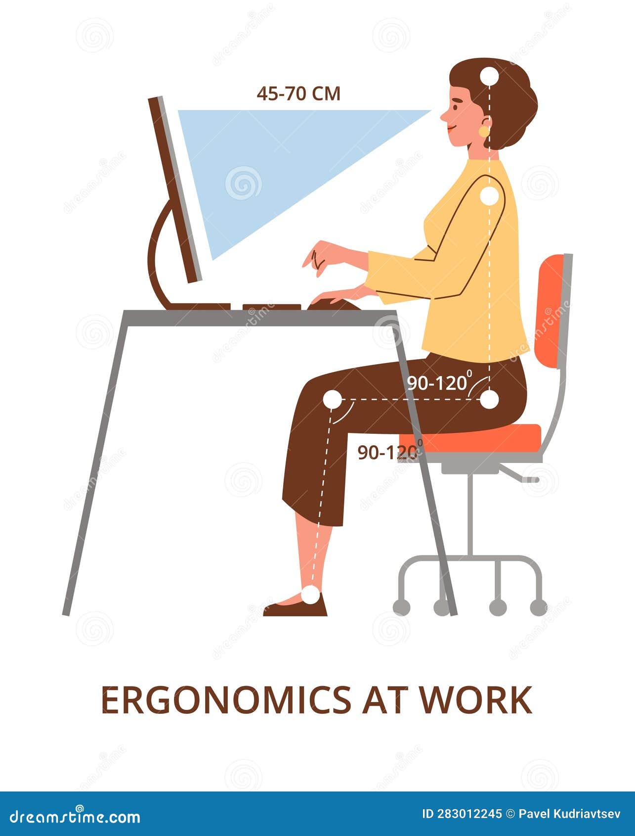 Smiling Woman with Correct Posture Works at Computer Flat Style Stock ...