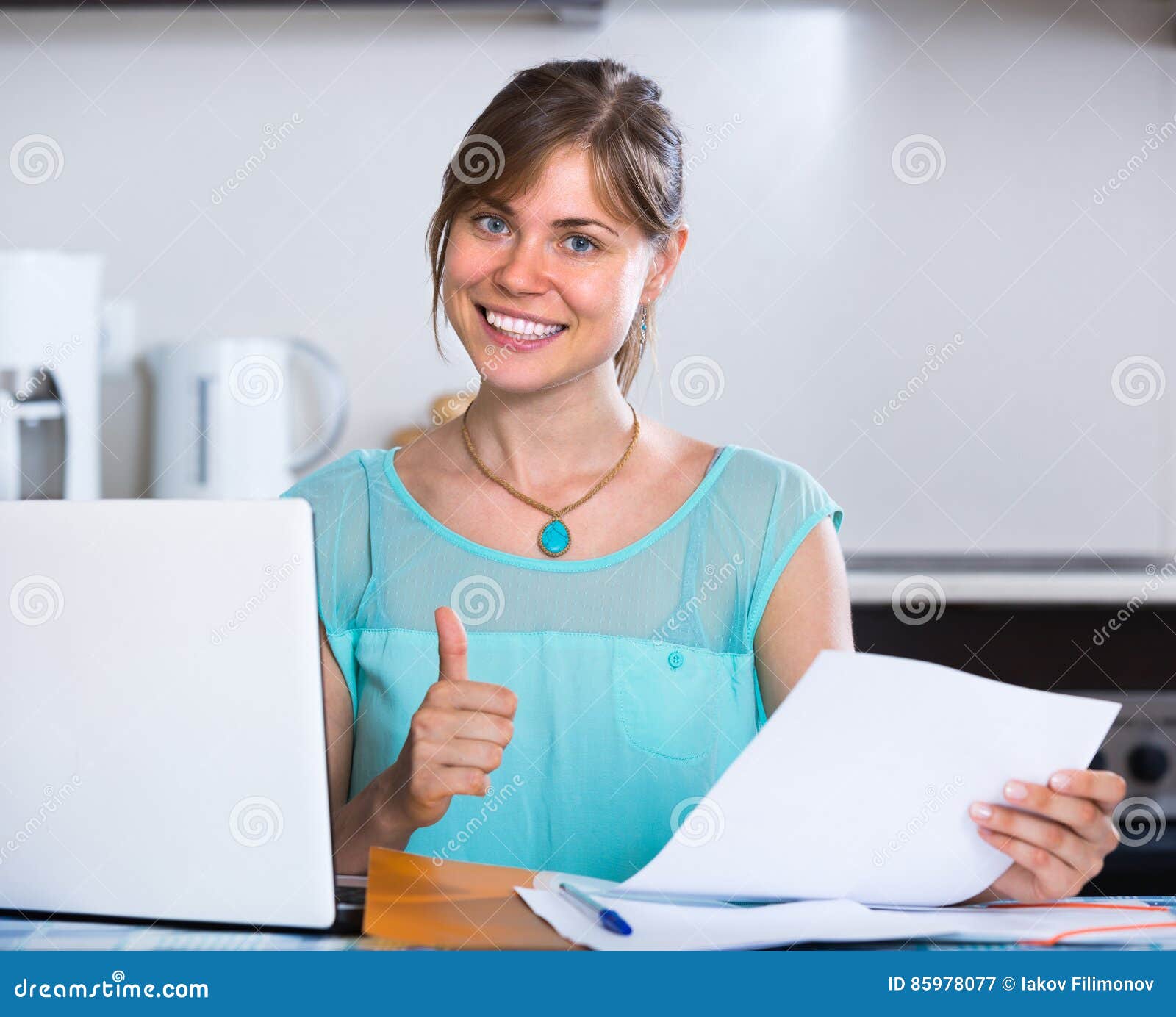 Smiling Woman with Documents at Kitchen Stock Image - Image of excited ...