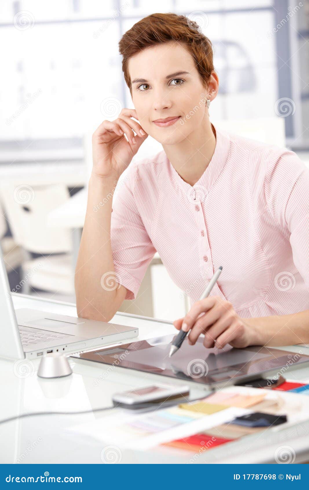 Smiling Woman with Drawing Pad Stock Photo - Image of happy, computer ...