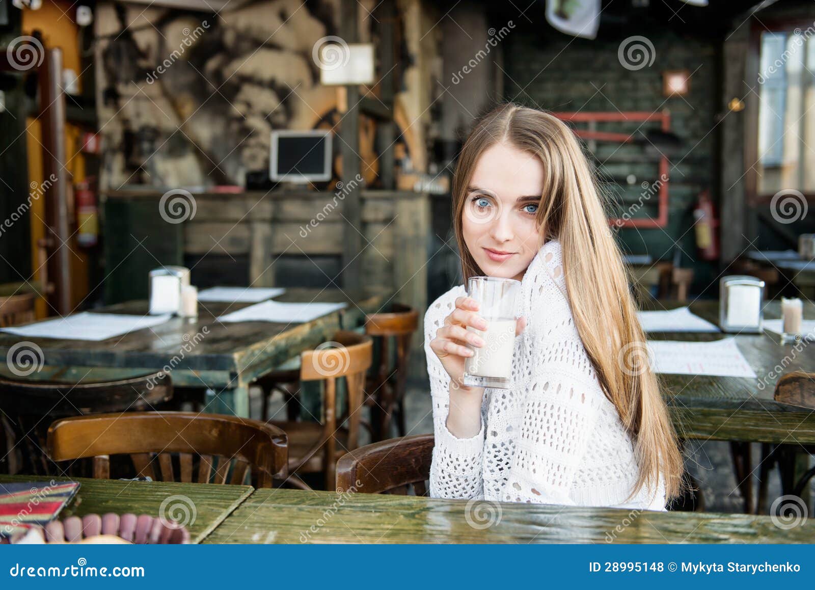 Smiling Woman Drinking at the Cafe Stock Photo - Image of interior ...