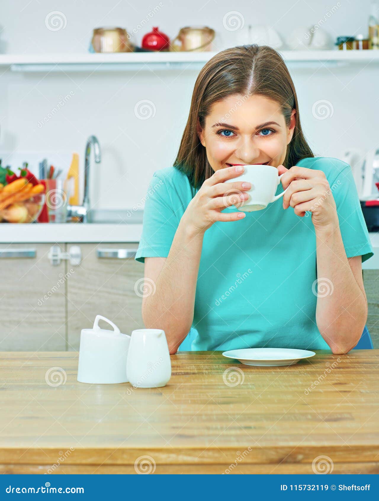 Smiling Woman Drinking Coffee in Kitchen. Stock Image - Image of diet ...