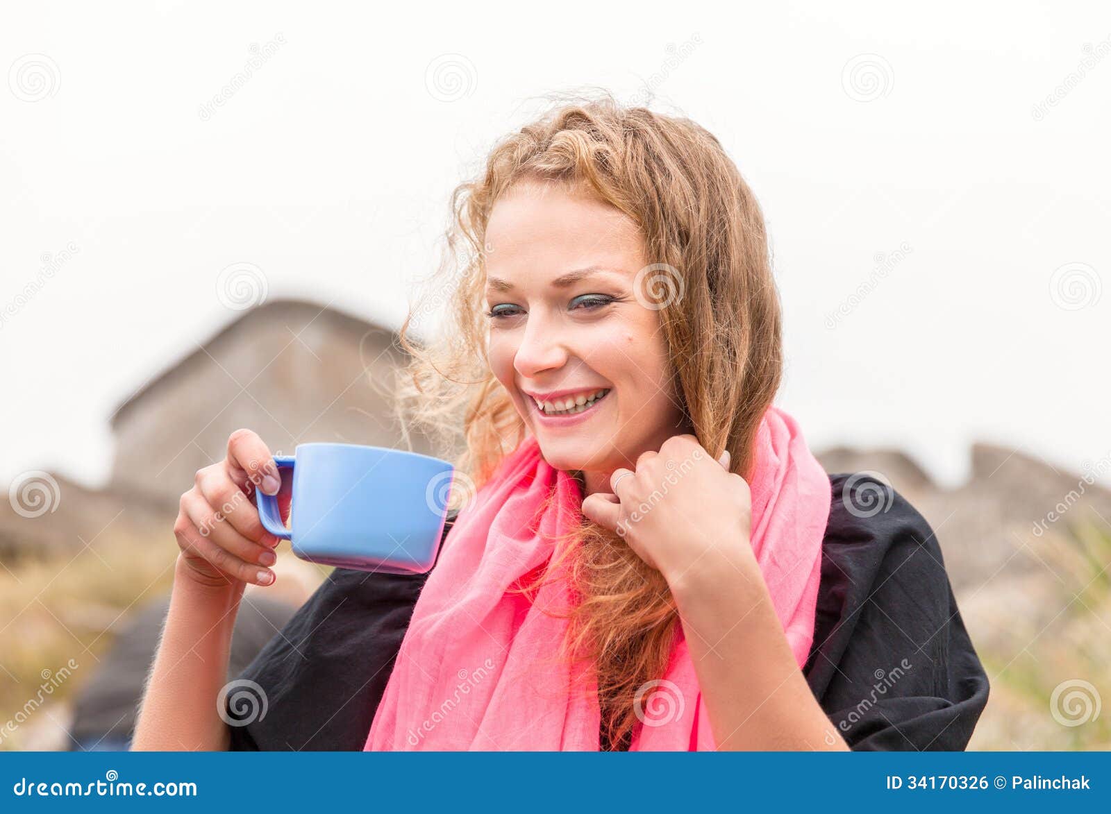 Smiling Woman Drinking Coffee Outdoors Stock Photo - Image of outdoor ...