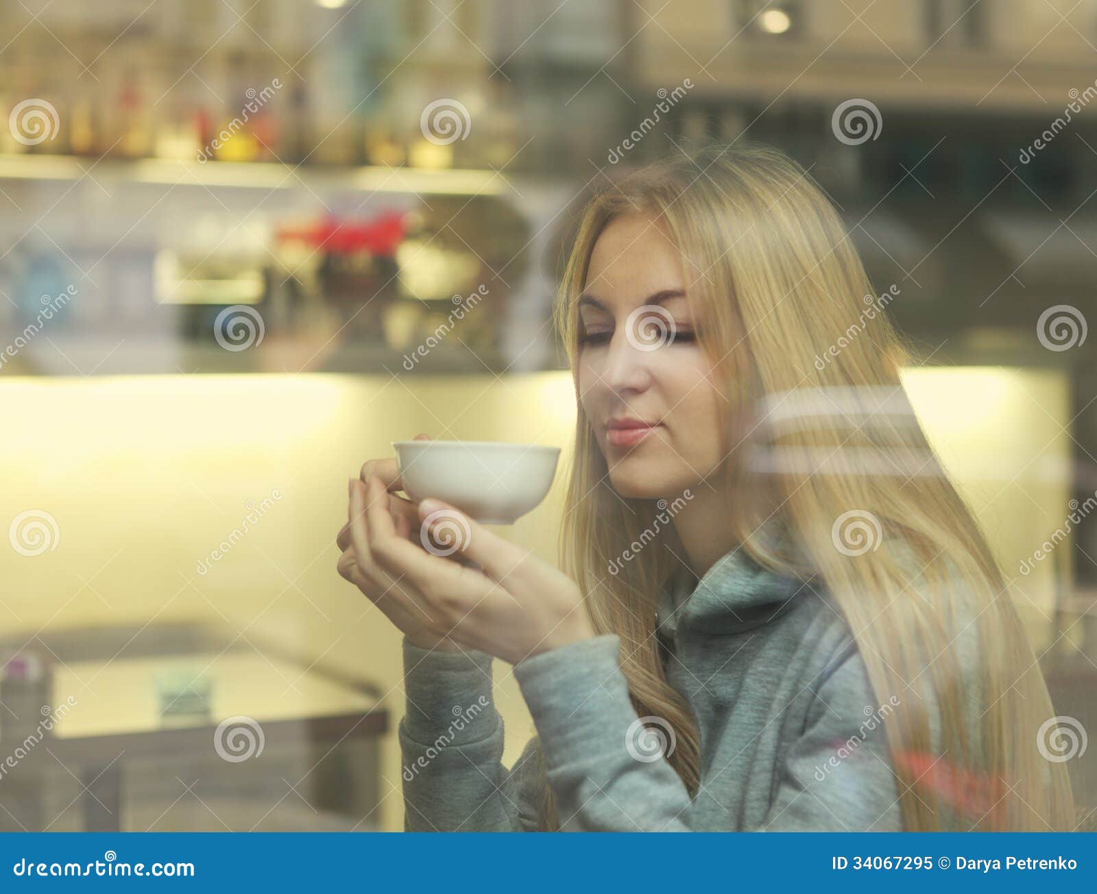 Smiling Woman Drinking Tea in Cafe Stock Image - Image of drink, retro ...