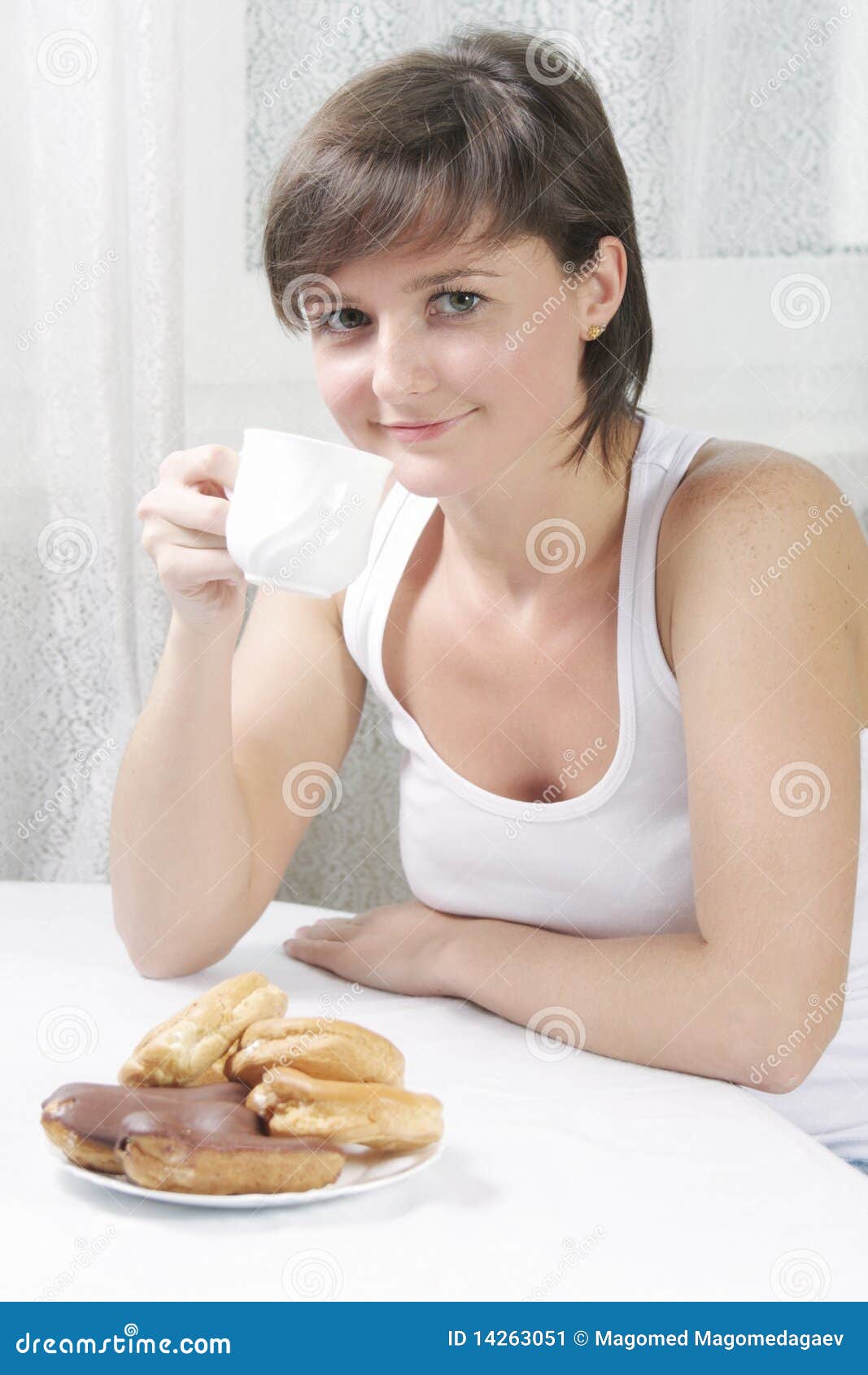Smiling Woman Drinking Tea with Cakes Stock Image - Image of girl ...