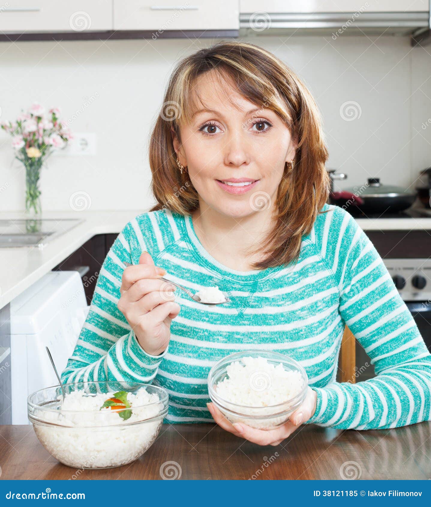 Smiling Woman Eating Boiled Rice Stock Image - Image of kasha, bowl ...
