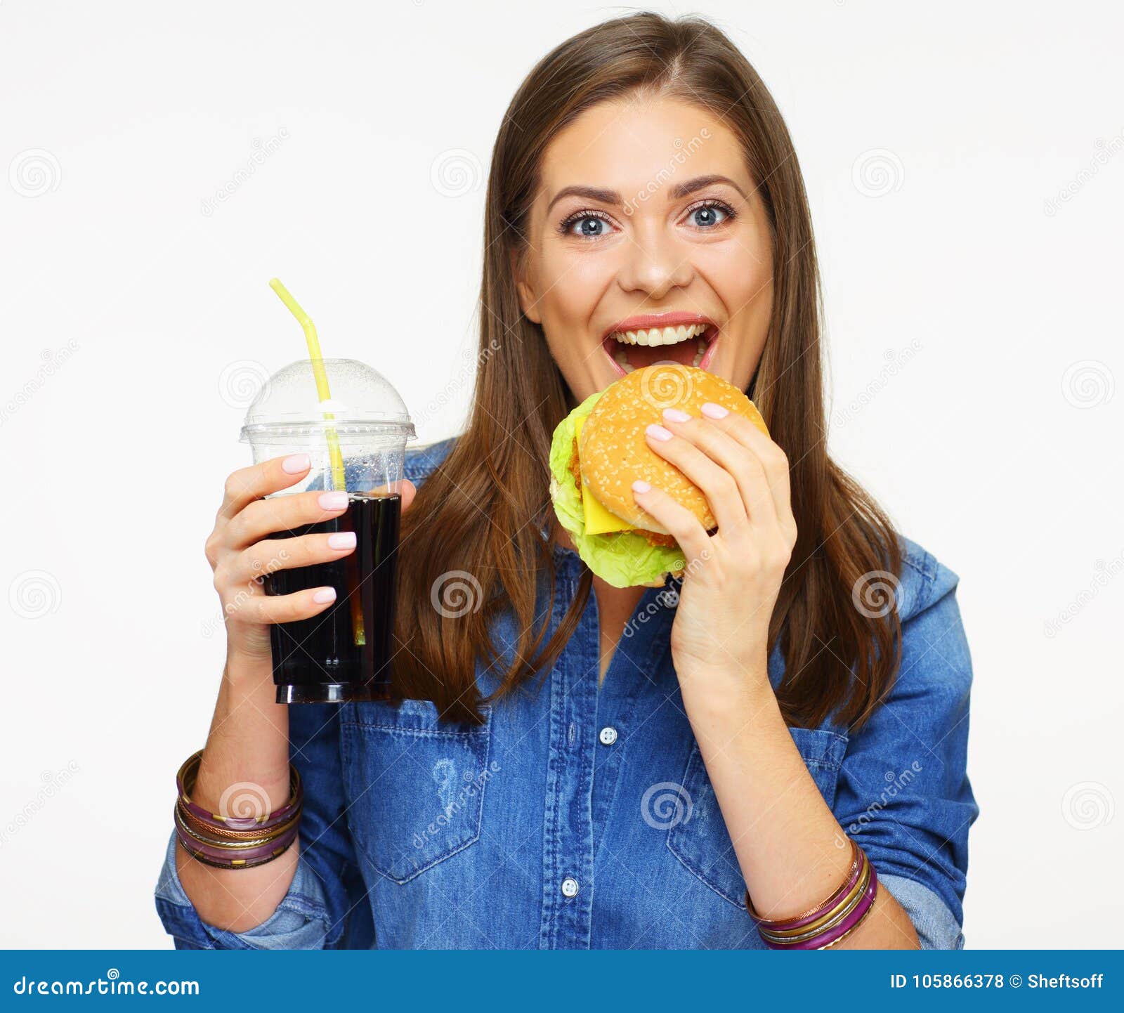 Smiling Woman Eating Burger. White Back Stock Photo - Image of healthy ...