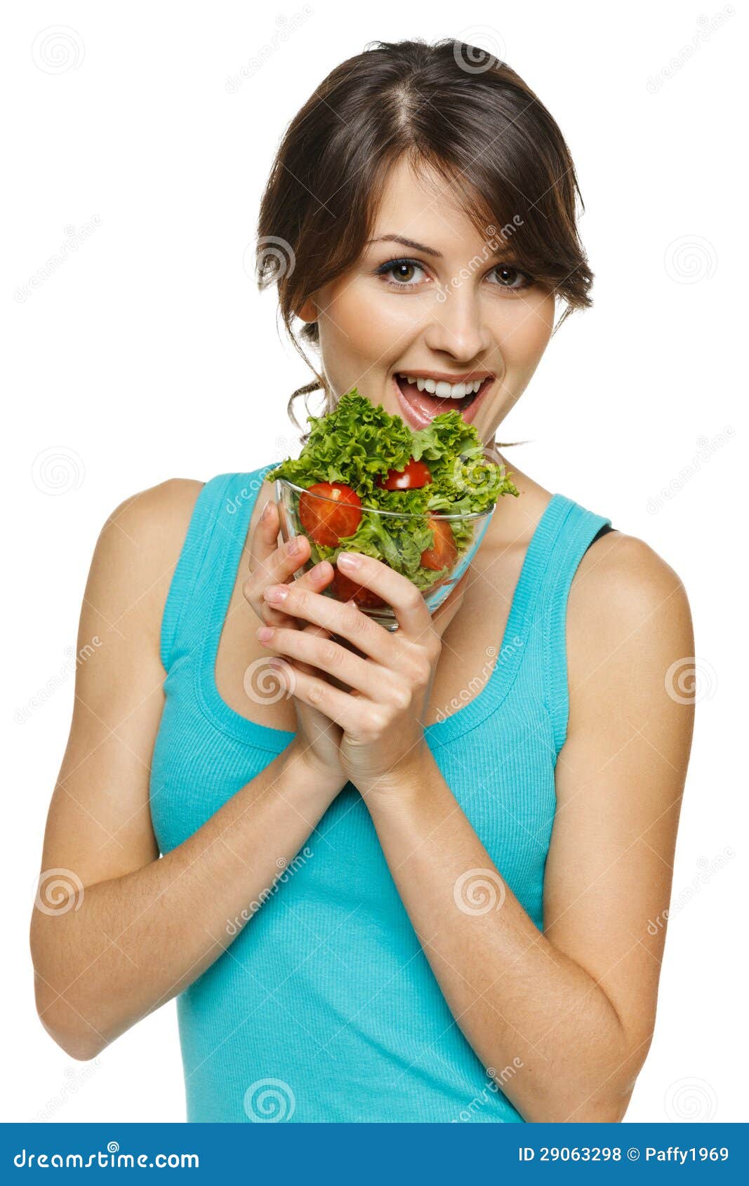 Smiling woman eating salad stock photo. Image of breakfast - 29063298