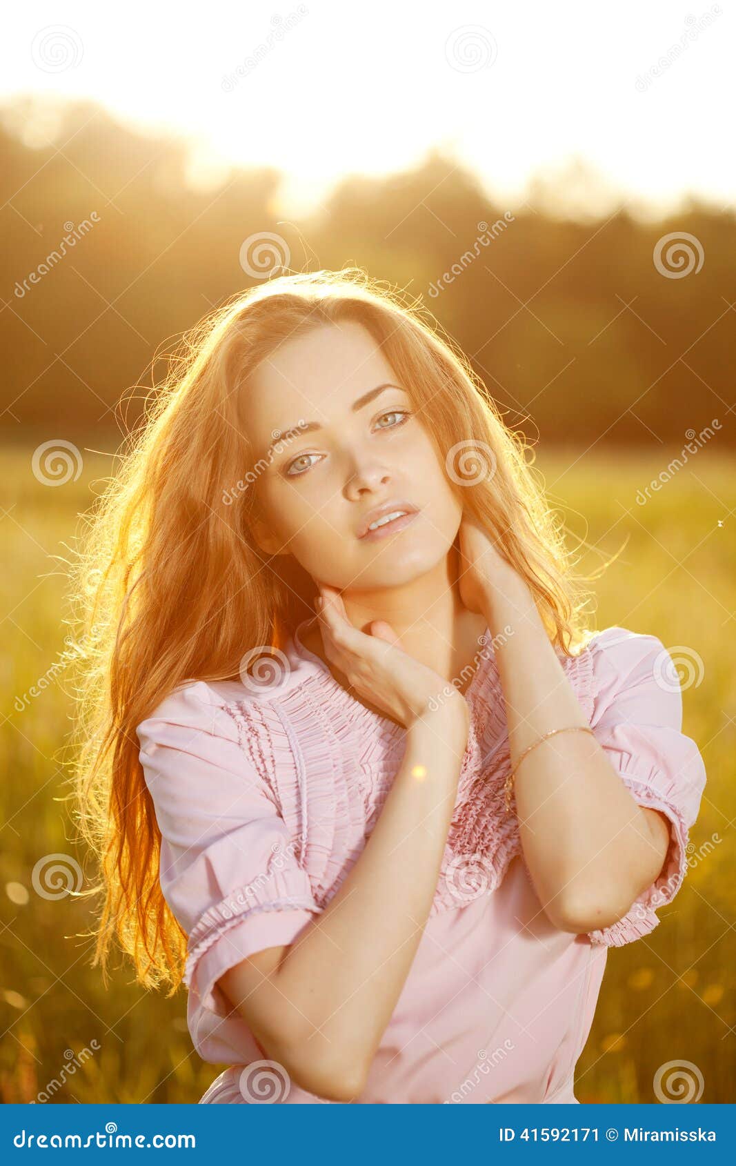 Smiling Woman in a Field at Sunset Stock Image - Image of model, beauty ...