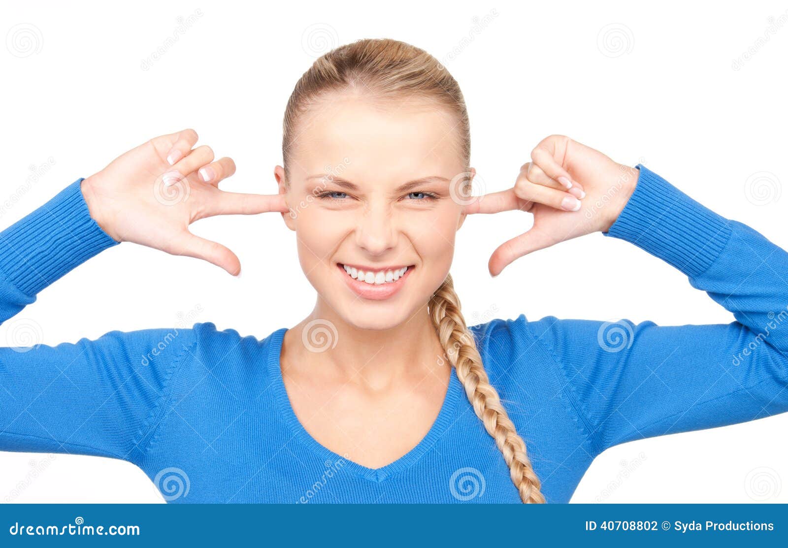 Smiling Woman with Fingers in Ears Stock Photo - Image of joyful ...