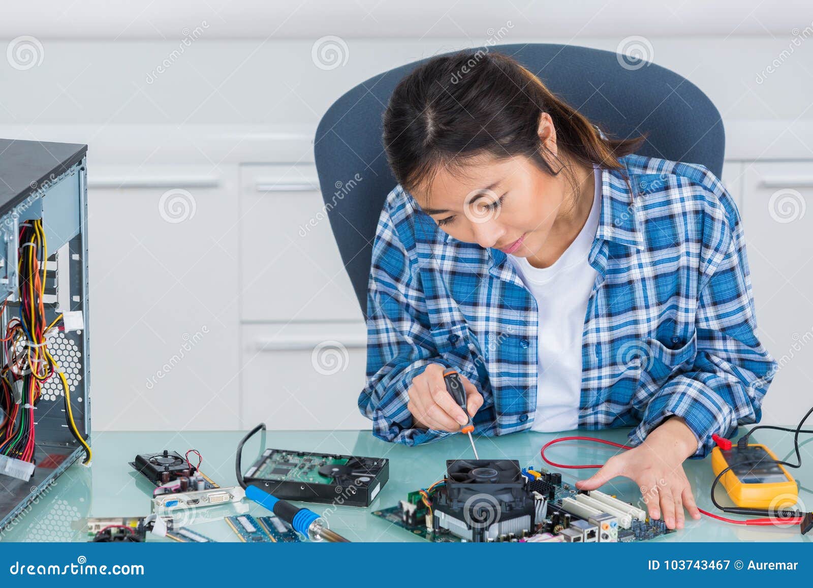 Smiling Woman Fixing Computer on White Background Stock Image - Image ...