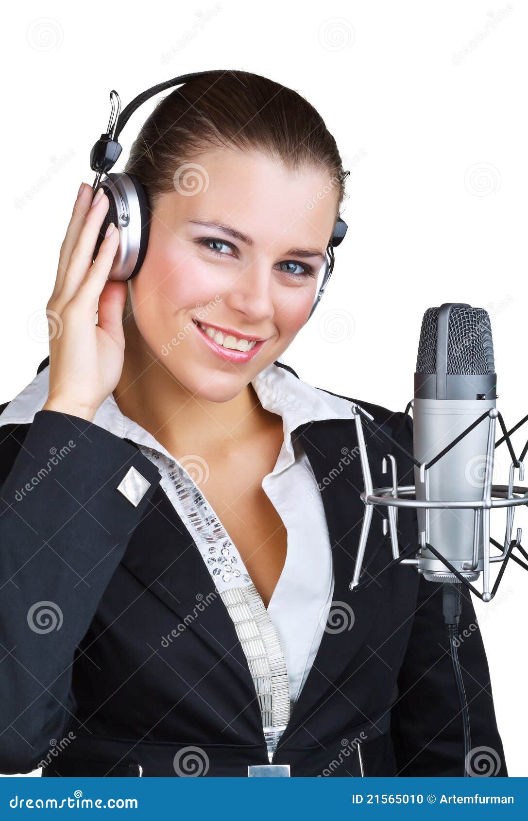Smiling Woman in Front of a Microphone Headset Stock Photo - Image of ...