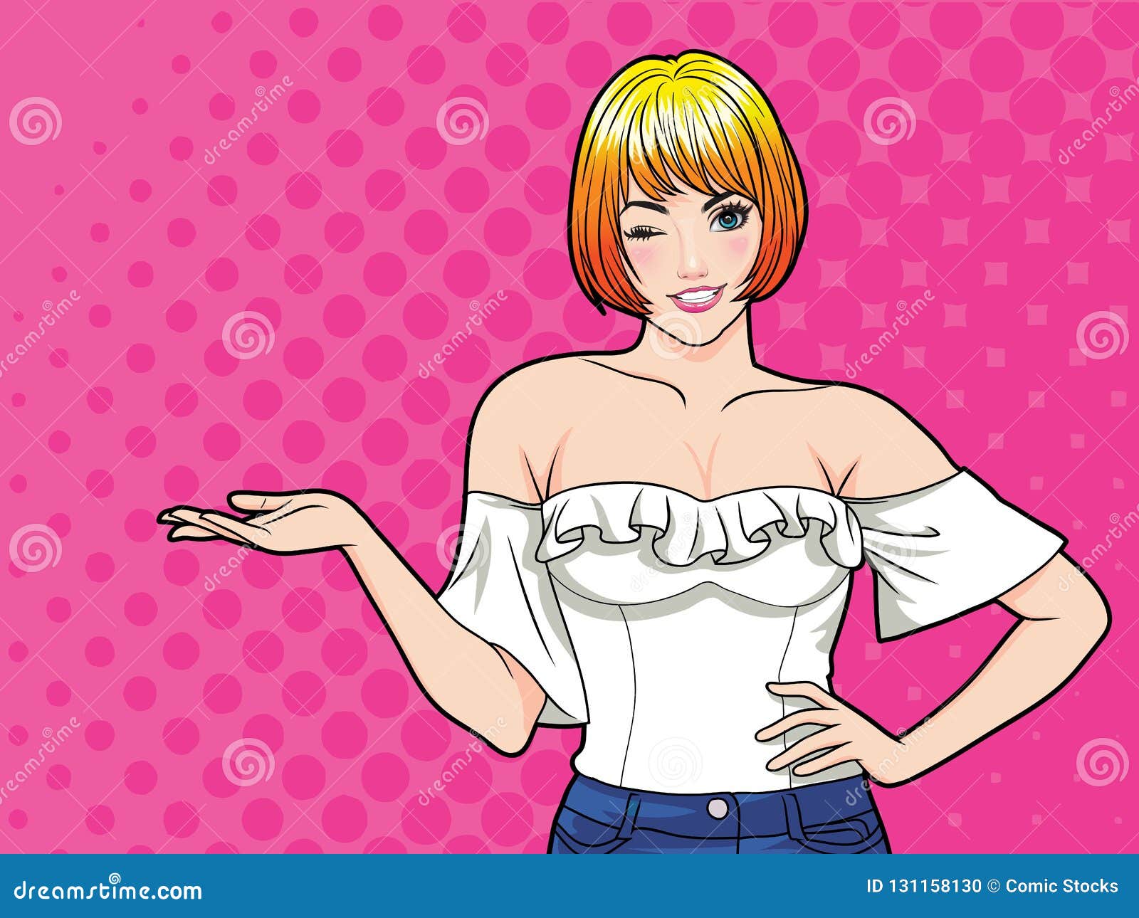 Smiling Woman Gesture Presenting Something With Dot Background Pop Art