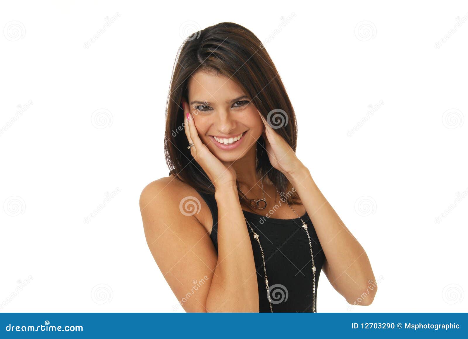 Smiling Woman with Hands on Face Stock Photo - Image of expressions ...