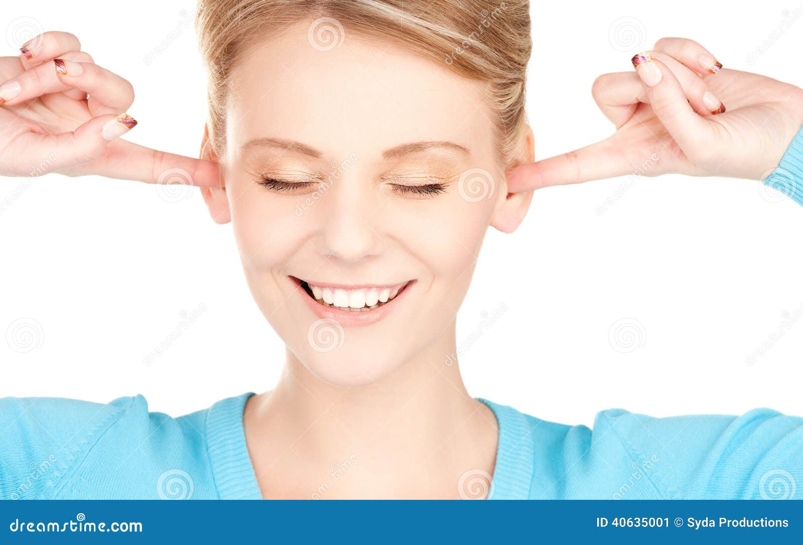 Smiling Woman with Hands Over Ears Stock Image - Image of blonde ...