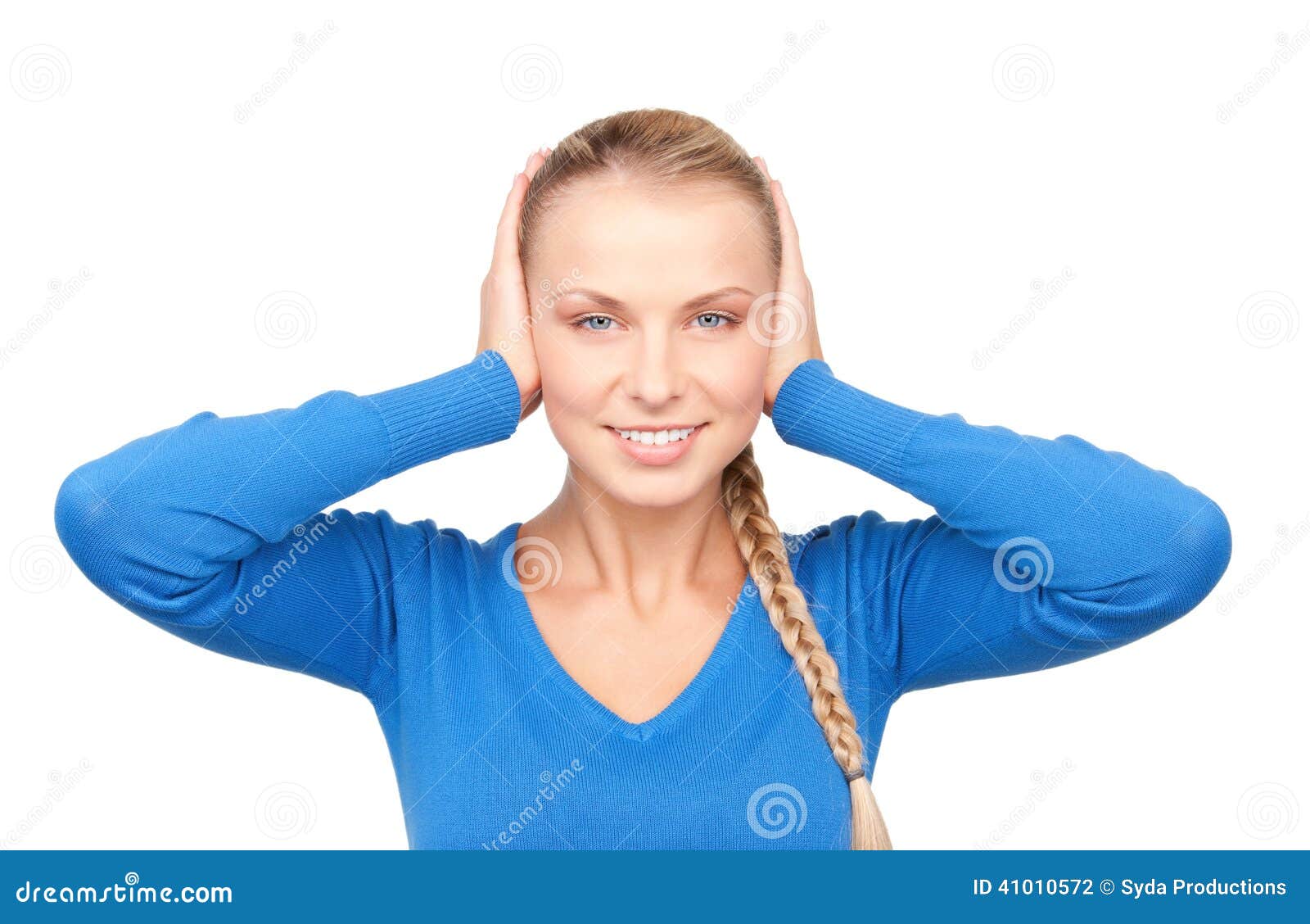 Smiling Woman with Hands Over Ears Stock Photo - Image of joyful ...