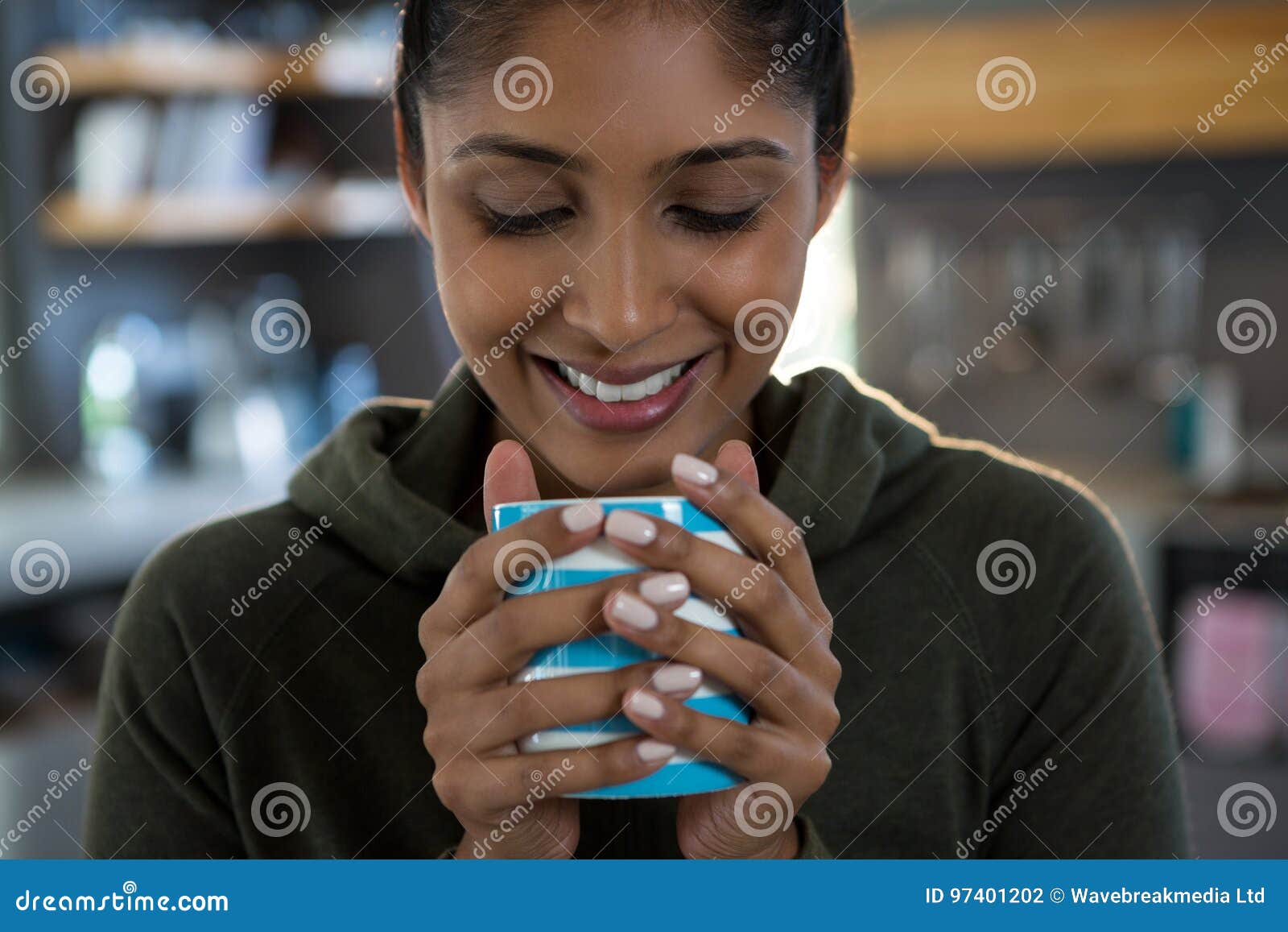 Smiling Woman Having Coffee Stock Photo - Image of lifestyle, drink ...