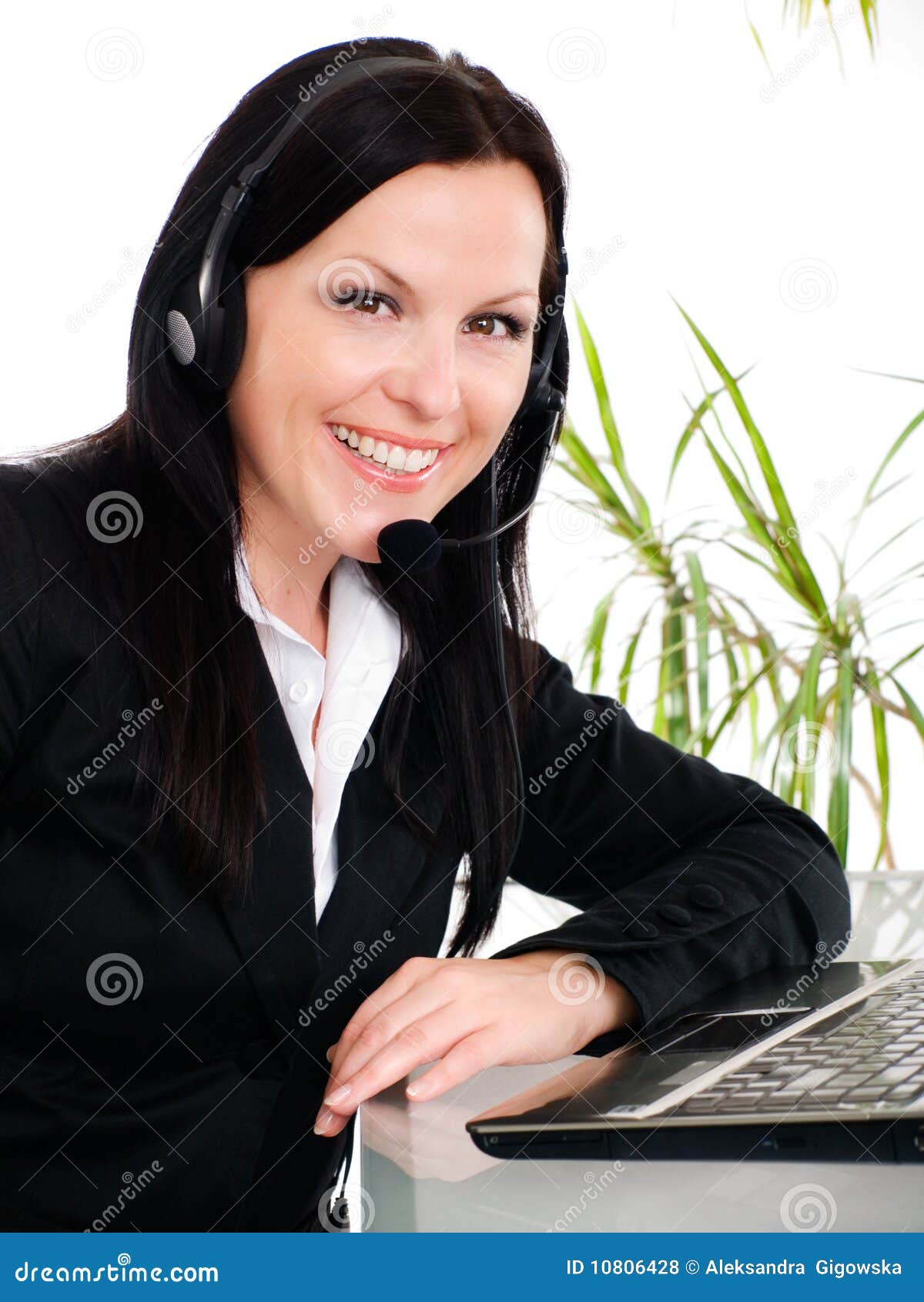 Smiling Woman with Headphone in Office Stock Photo - Image of computer ...