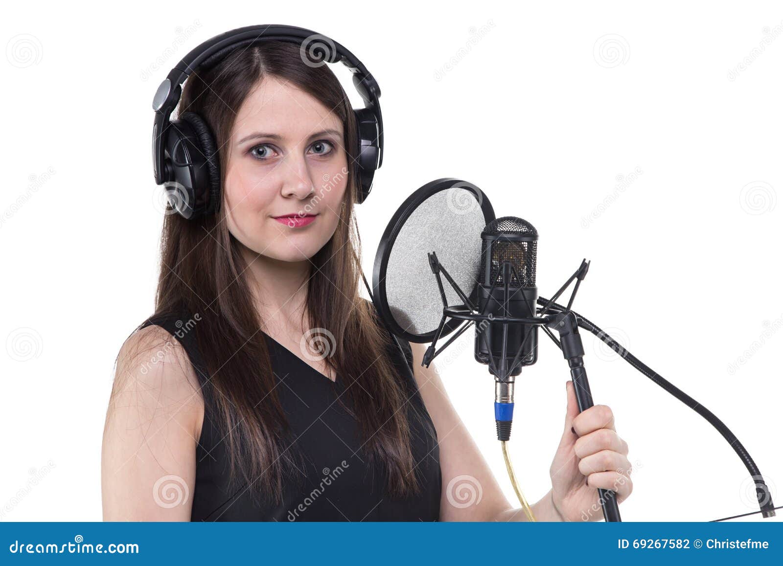 Smiling Woman in Headphones with Microphone Stock Photo - Image of ...