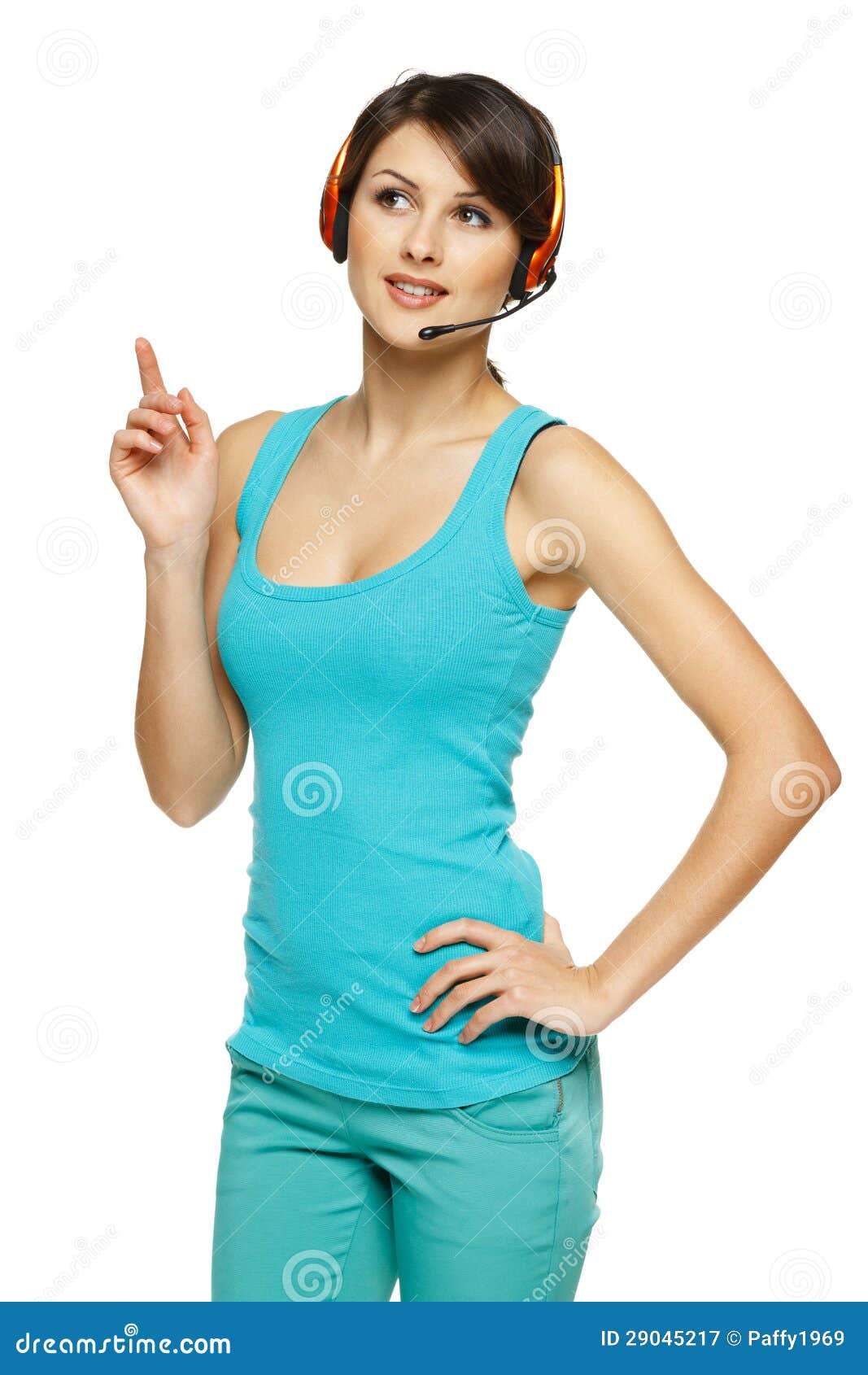 Smiling Woman in Headset Pointing Up Stock Image - Image of ...