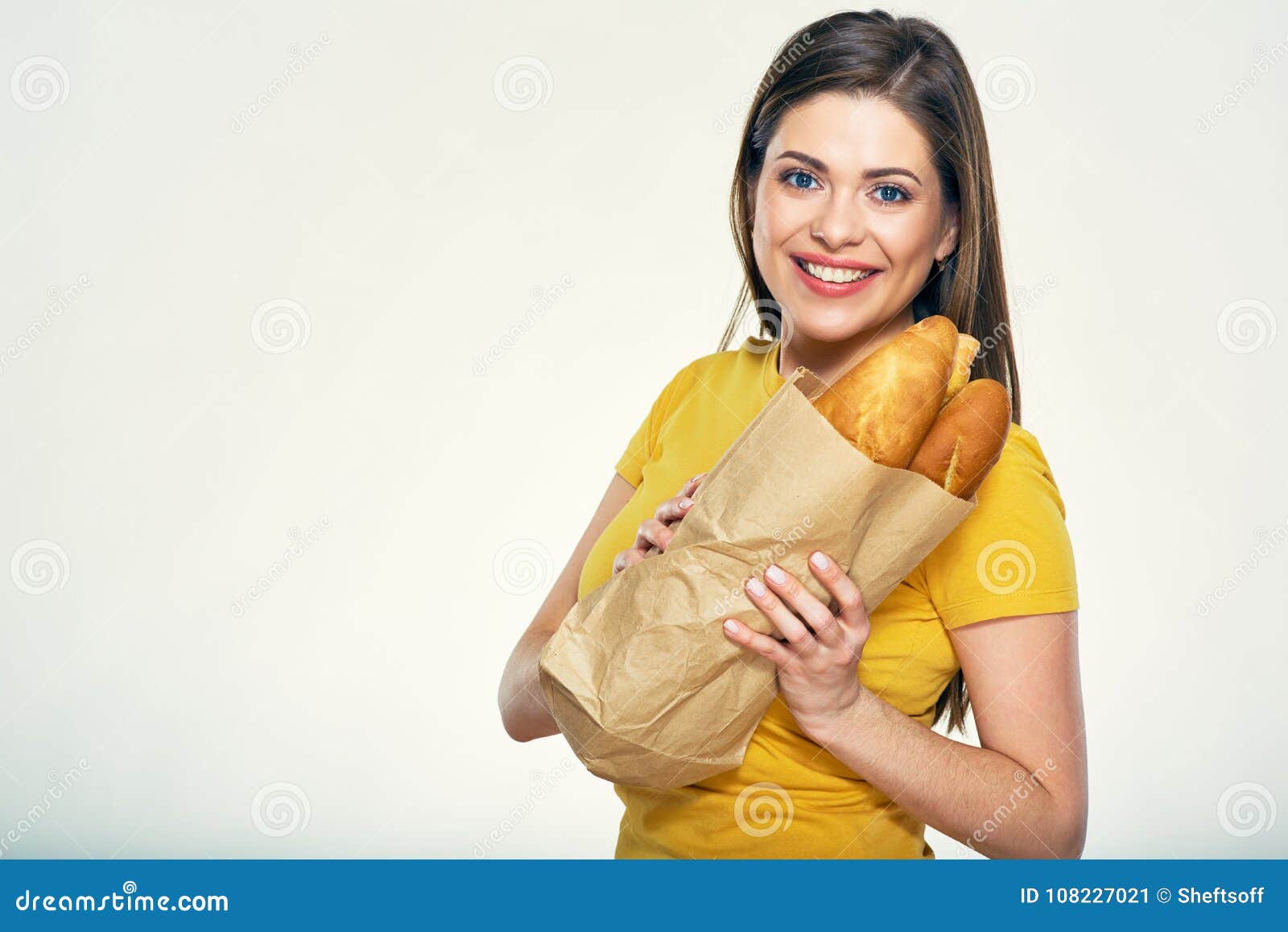 Smiling Woman Holding Bread. Isolated Studio Stock Image - Image of ...