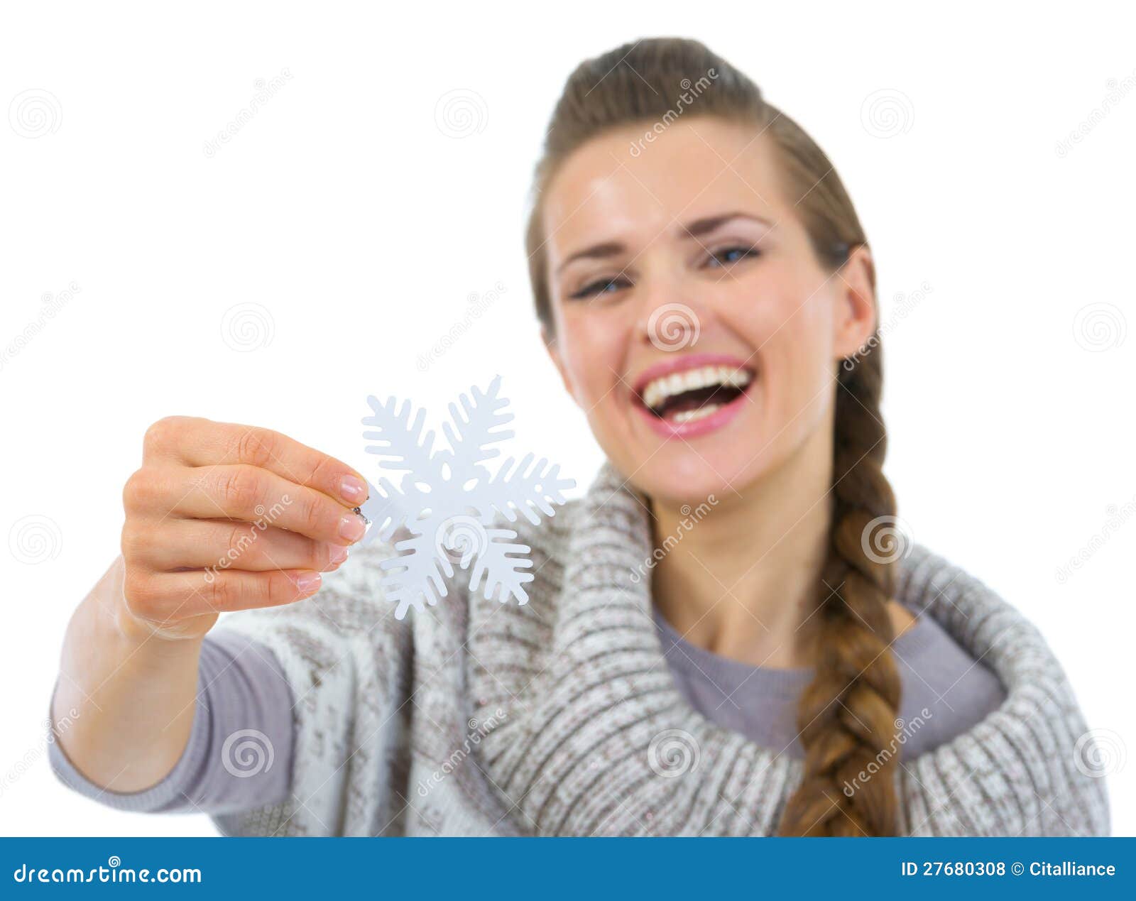 Smiling Woman Holding Christmas Snowflake Stock Photo - Image of ...