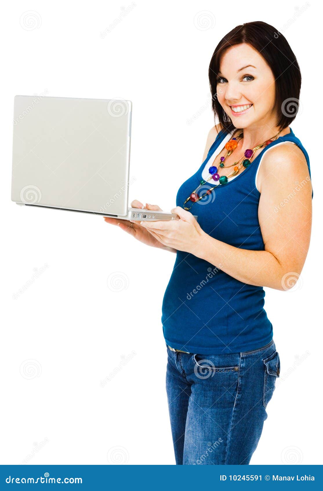 Smiling Woman Holding Laptop Stock Image - Image of jeans, happy: 10245591