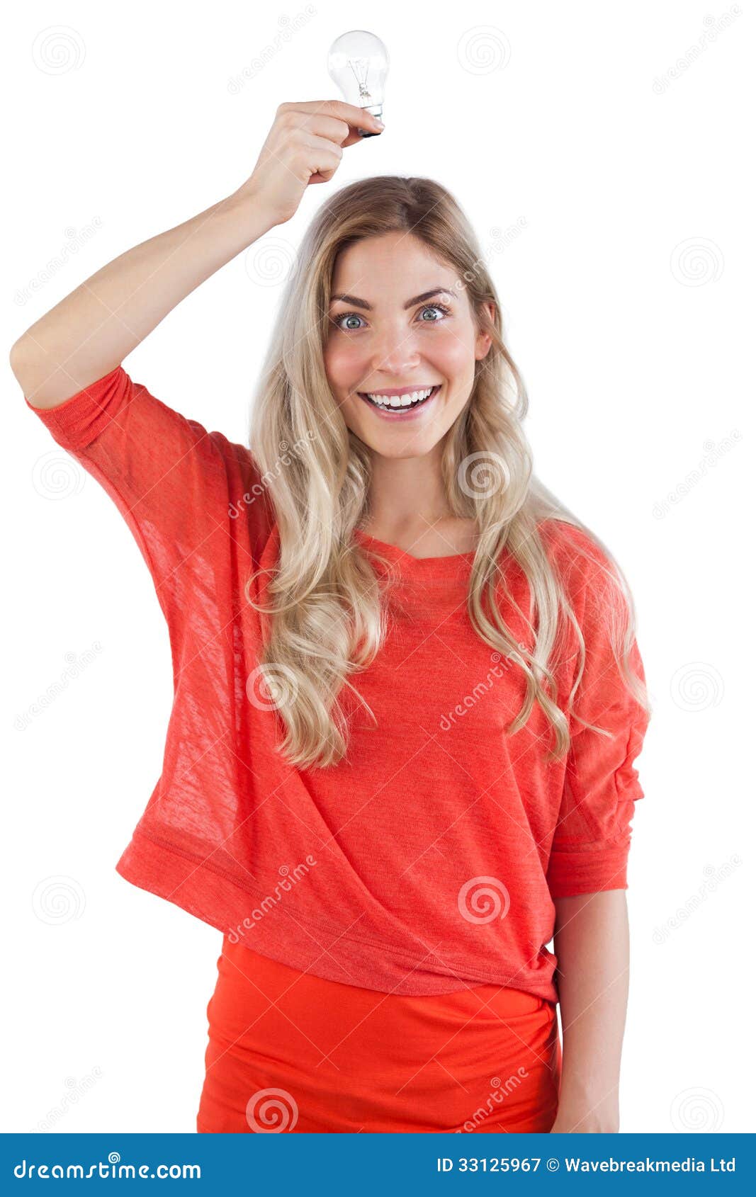 Smiling Woman Holding Light Bulb Stock Image - Image of cheerful, light ...