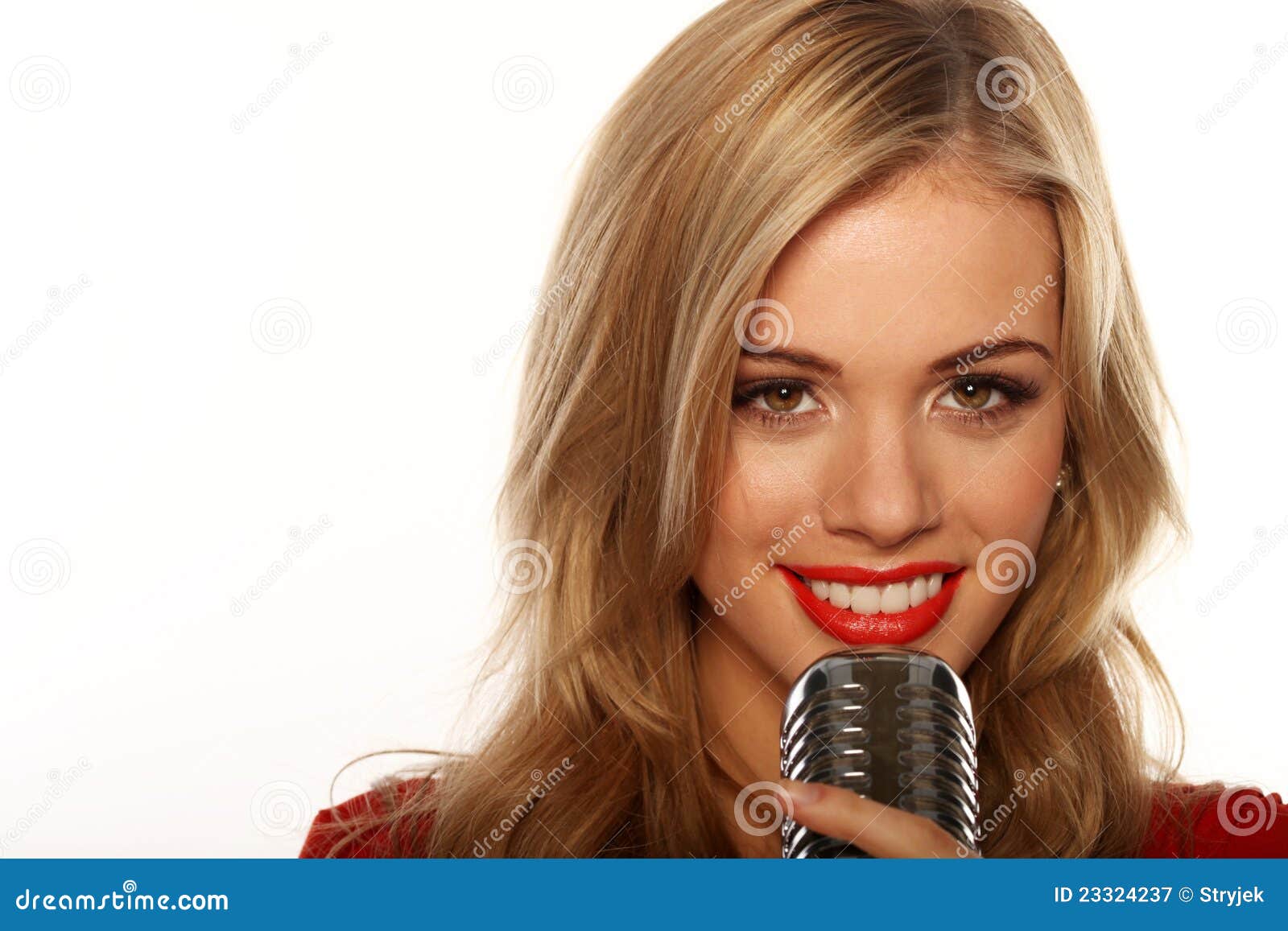 Smiling Woman Holding Microphone Stock Image - Image of entertainment ...
