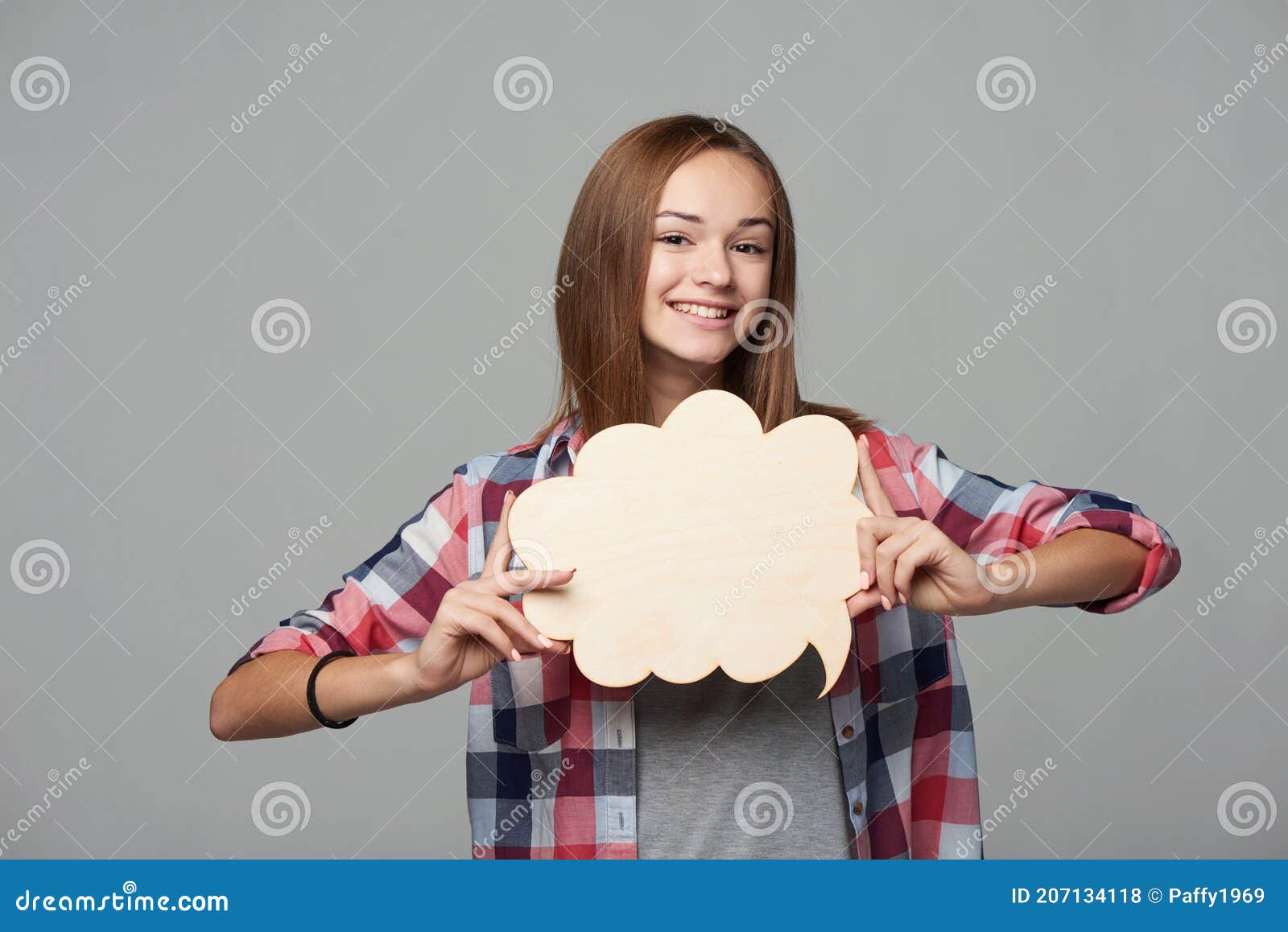 Smiling Woman Holding Thinking Bubble Stock Photo - Image of idea ...