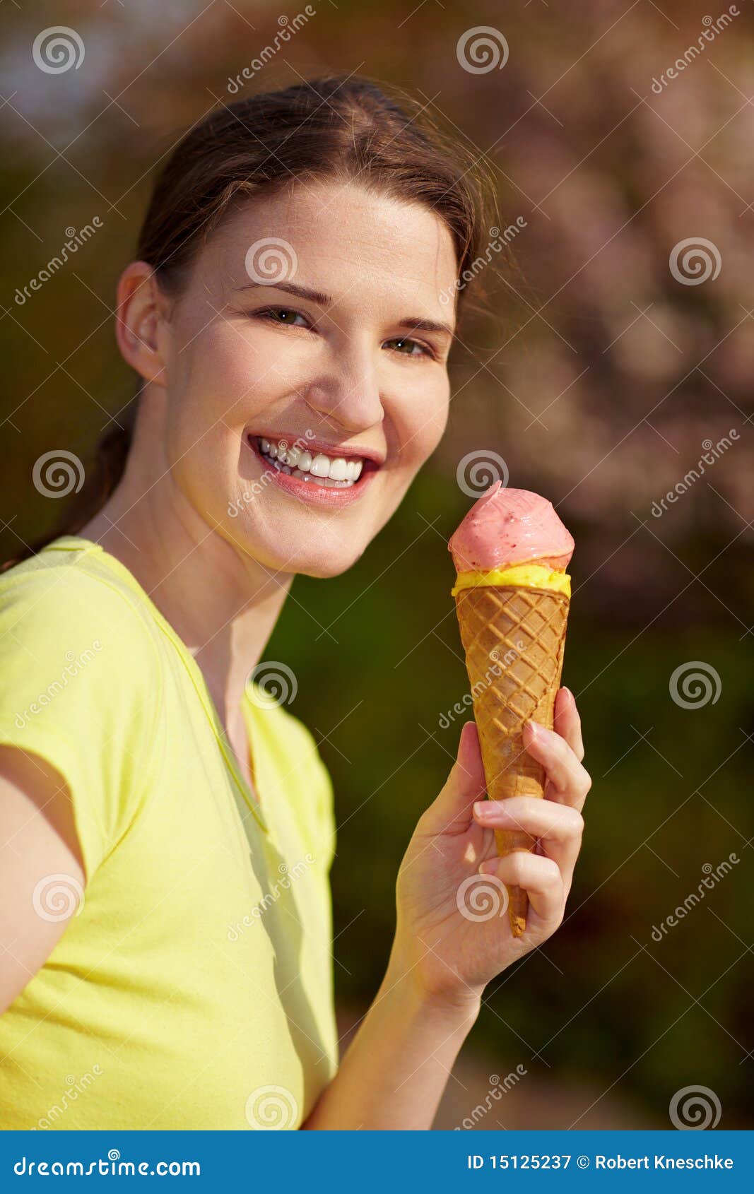 Smiling Woman with Ice Cream Cone Stock Image - Image of refreshment ...