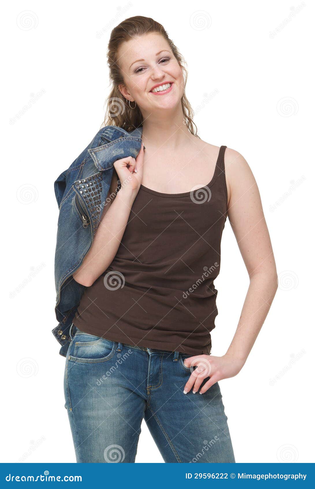 Smiling Woman with Jacket Over Shoulder Stock Photo - Image of adult ...