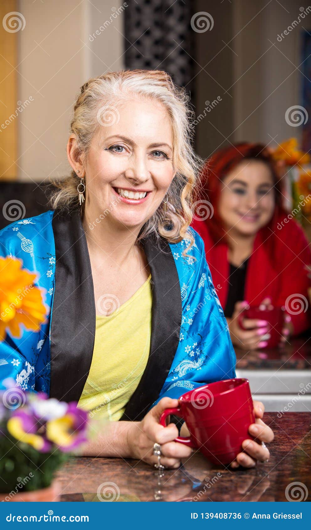 Smiling Woman in Kitchen in Robe Stock Photo - Image of mother, stands ...
