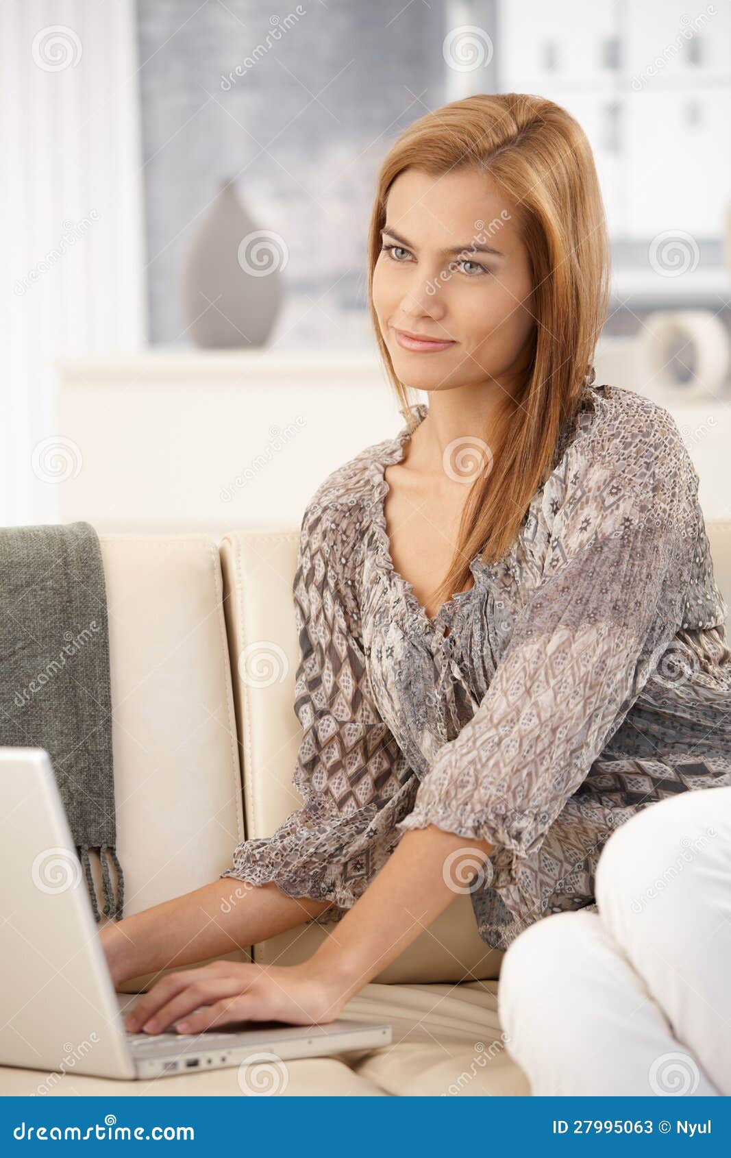 Smiling woman with laptop stock image. Image of female - 27995063