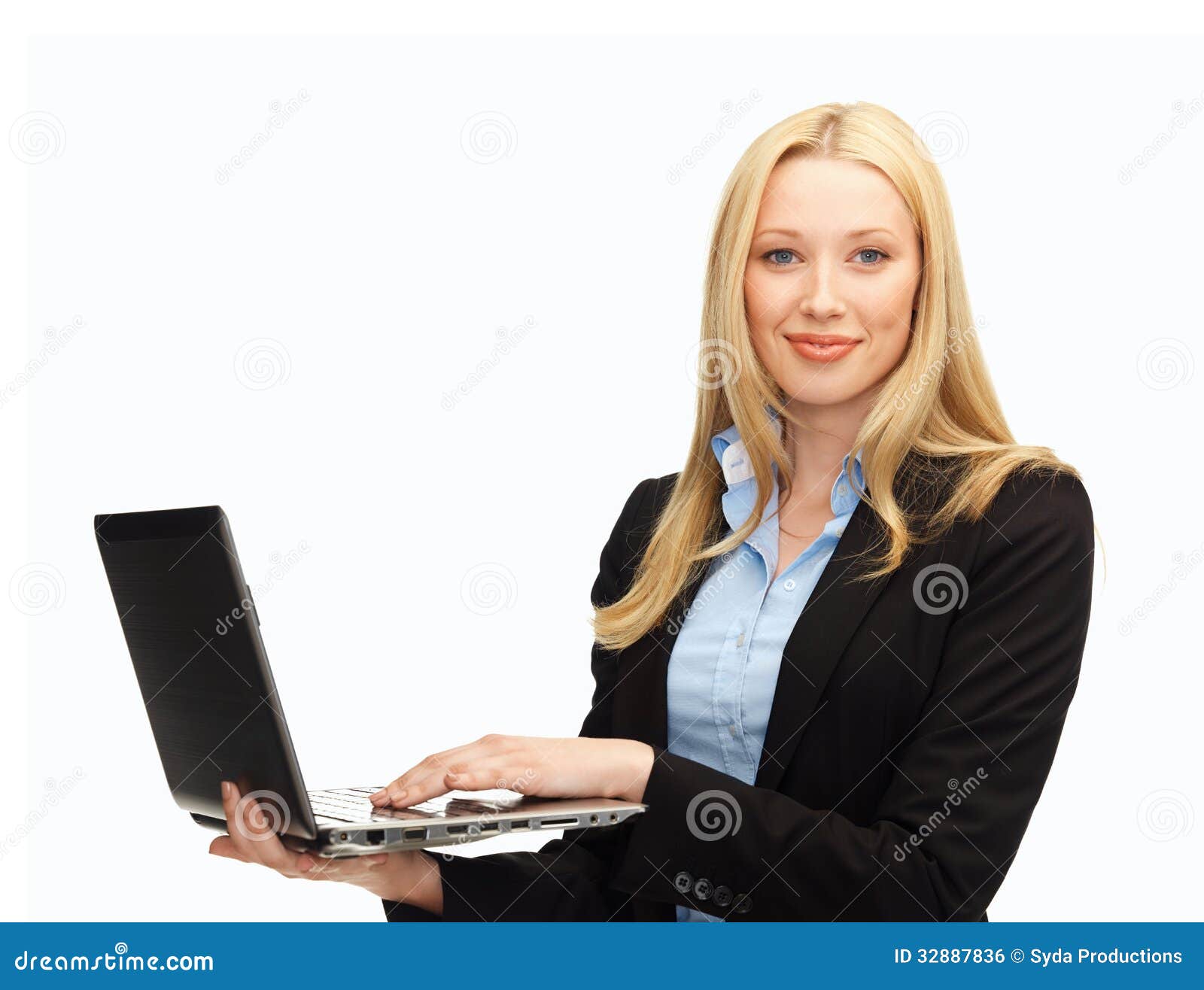 Smiling Woman with Laptop Computer Stock Photo - Image of blogging ...