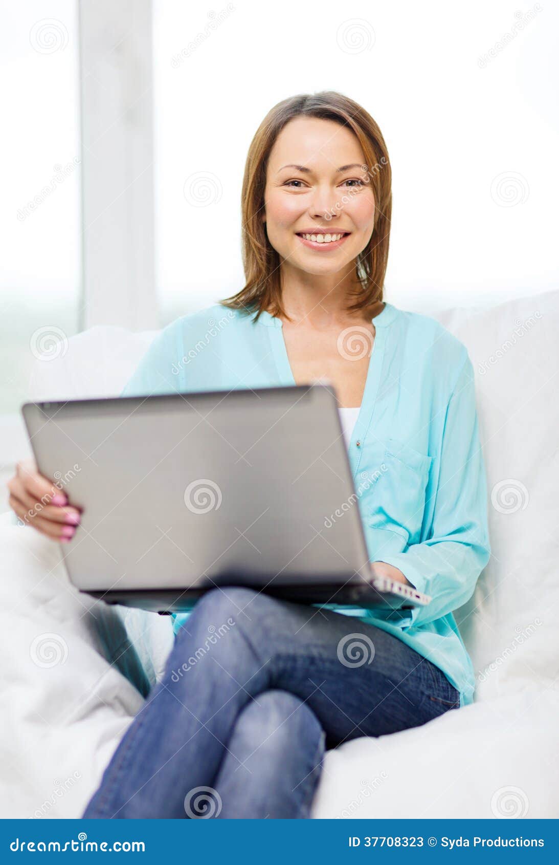 Smiling Woman with Laptop Computer at Home Stock Image - Image of girl ...
