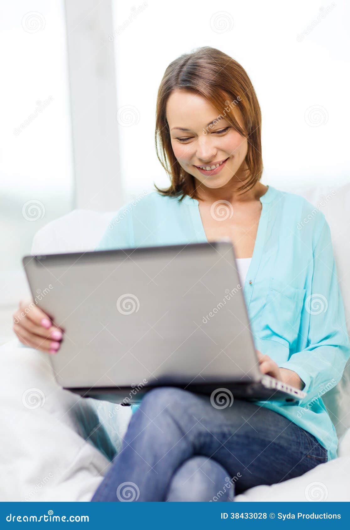 Smiling Woman with Laptop Computer at Home Stock Photo - Image of ...