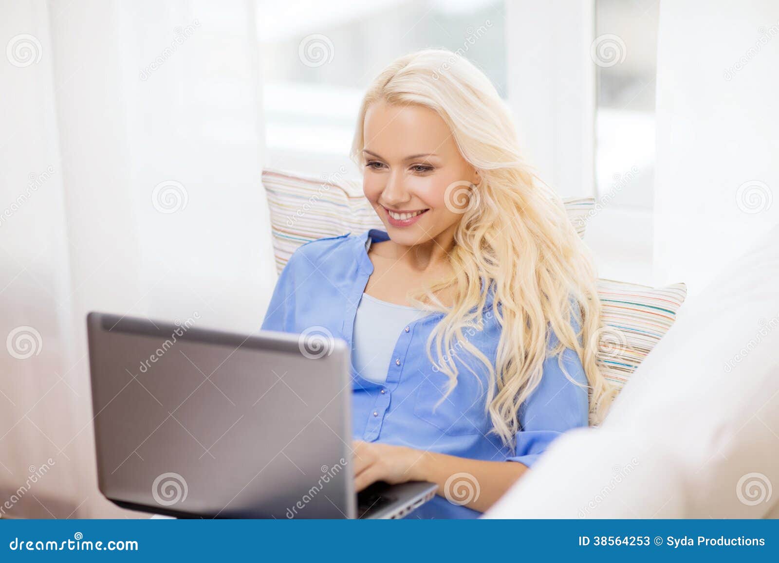 Smiling Woman with Laptop Computer at Home Stock Image - Image of ...