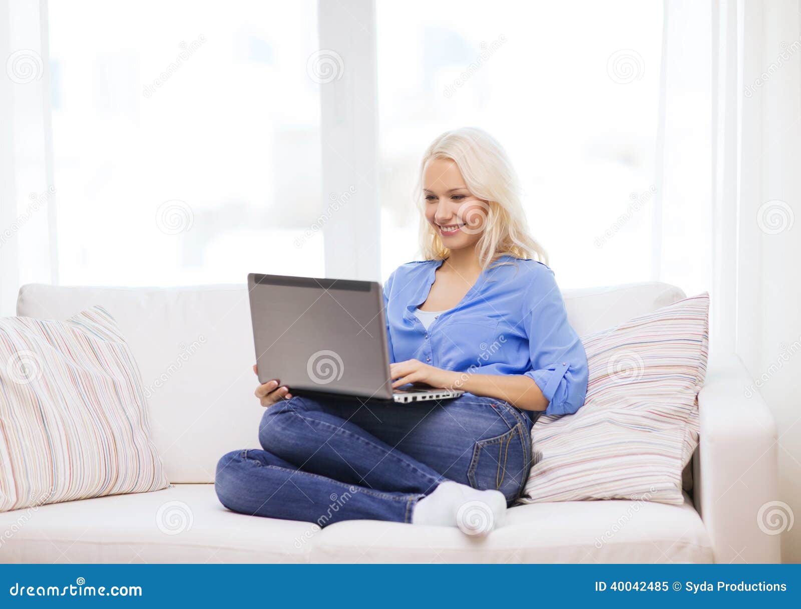 Smiling Woman with Laptop Computer at Home Stock Image - Image of ...