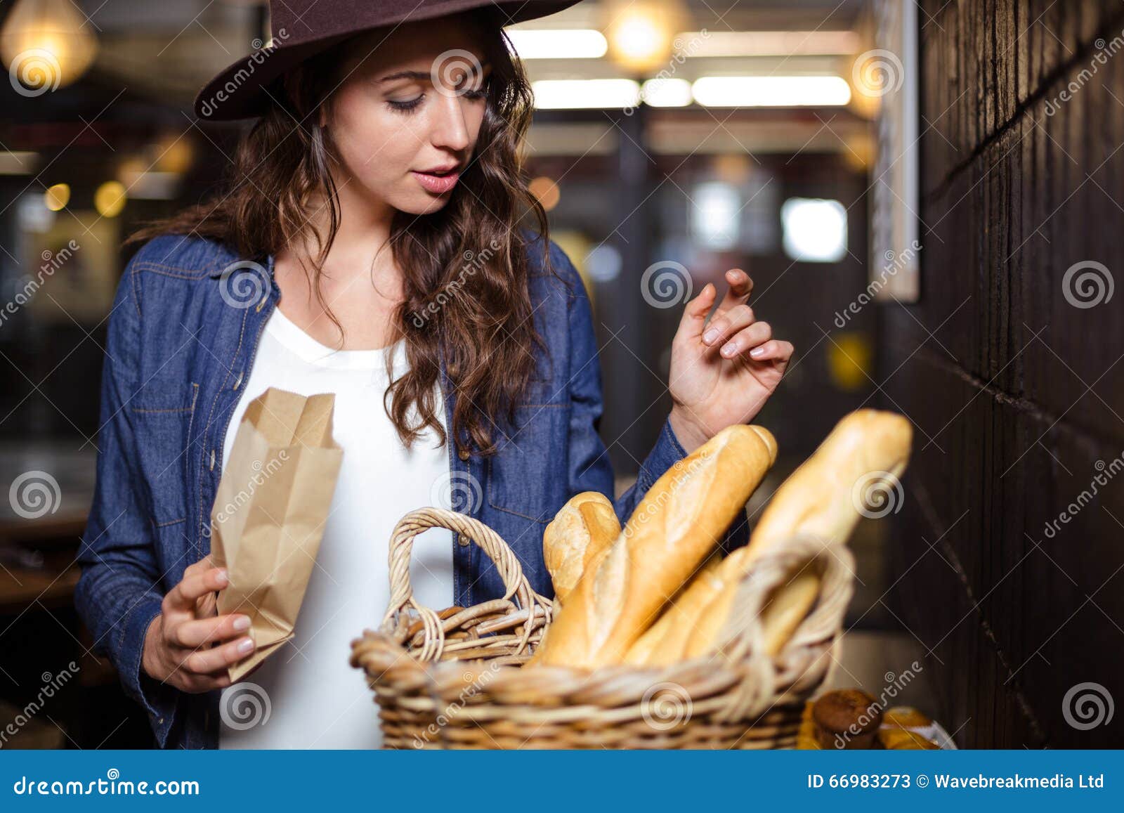 Smiling Woman Looking at Bread Stock Image - Image of server, cheerful ...