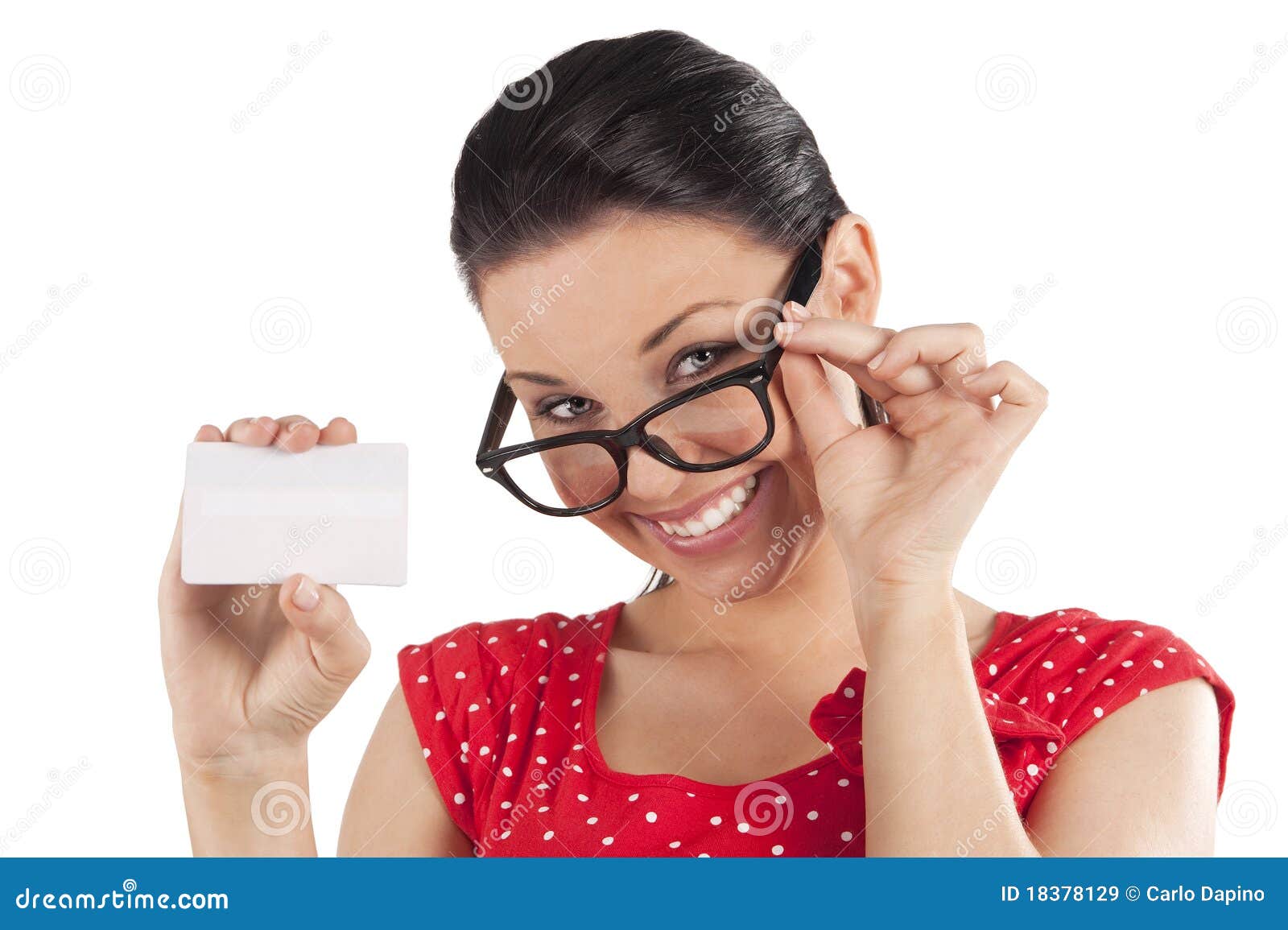 Smiling Woman Looking and Showing Card Stock Image - Image of empty ...