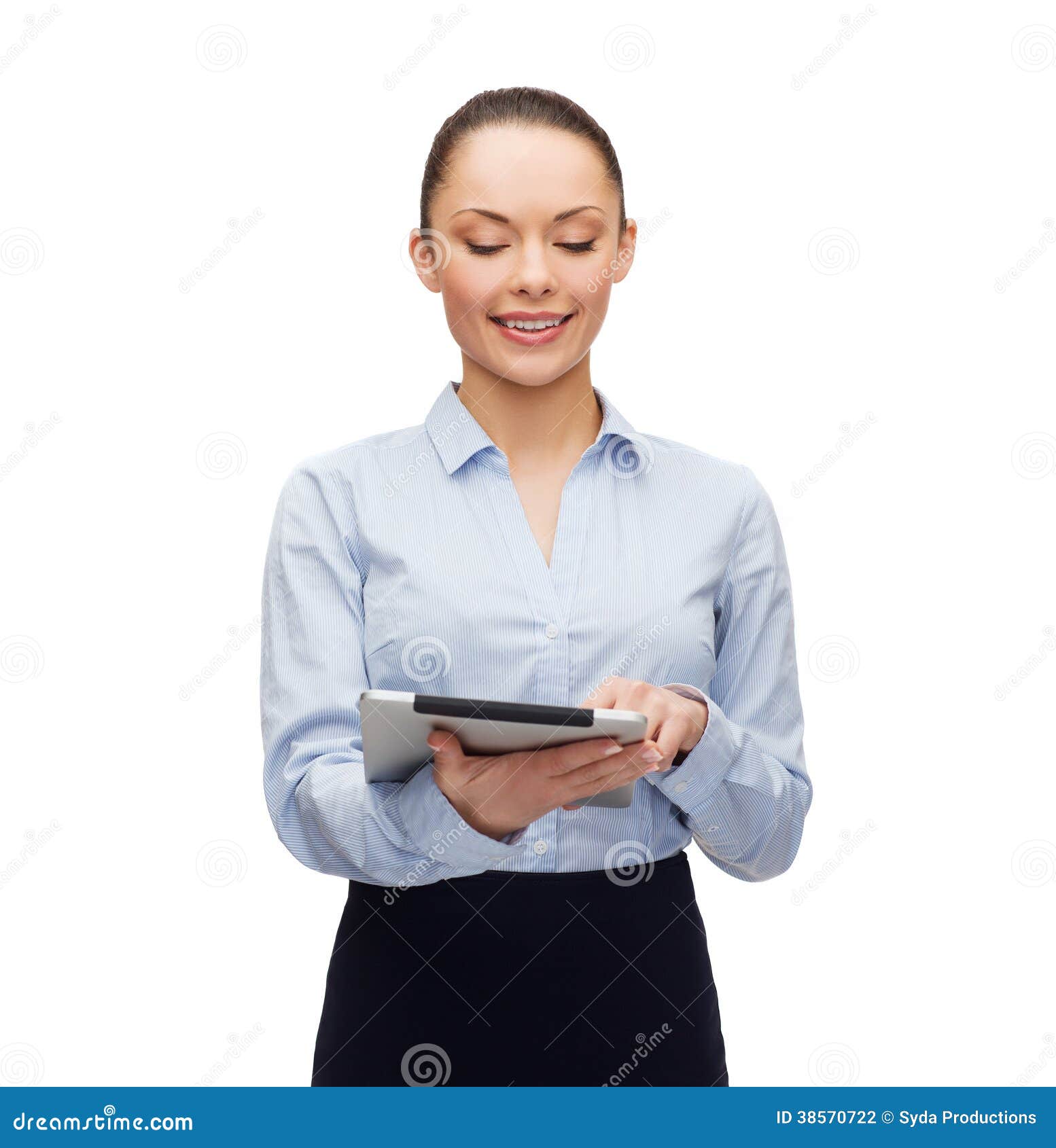 Smiling Woman Looking at Tablet Pc Computer Stock Photo - Image of ...