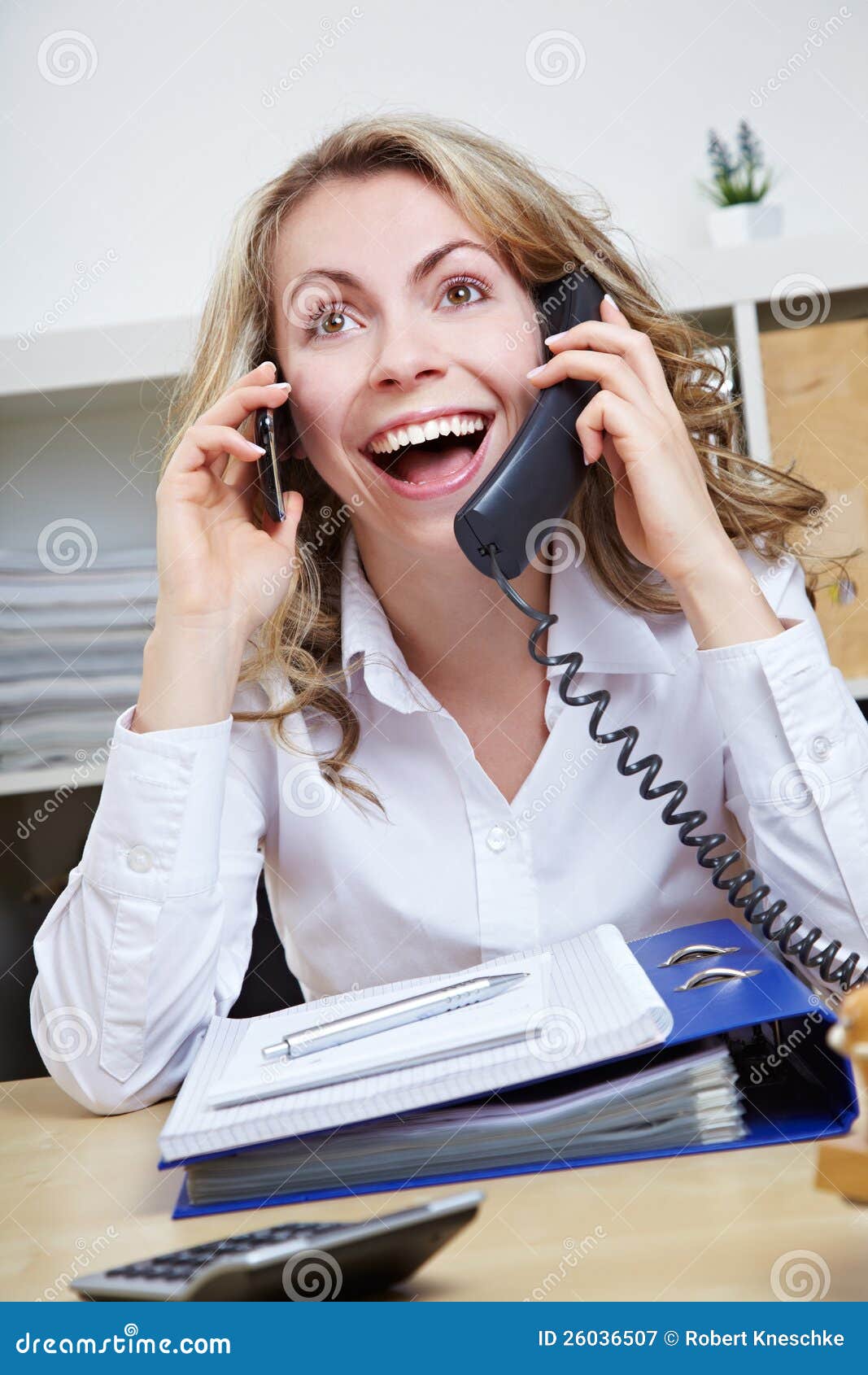 Smiling Woman Making Calls with Two Stock Image - Image of funny, place ...