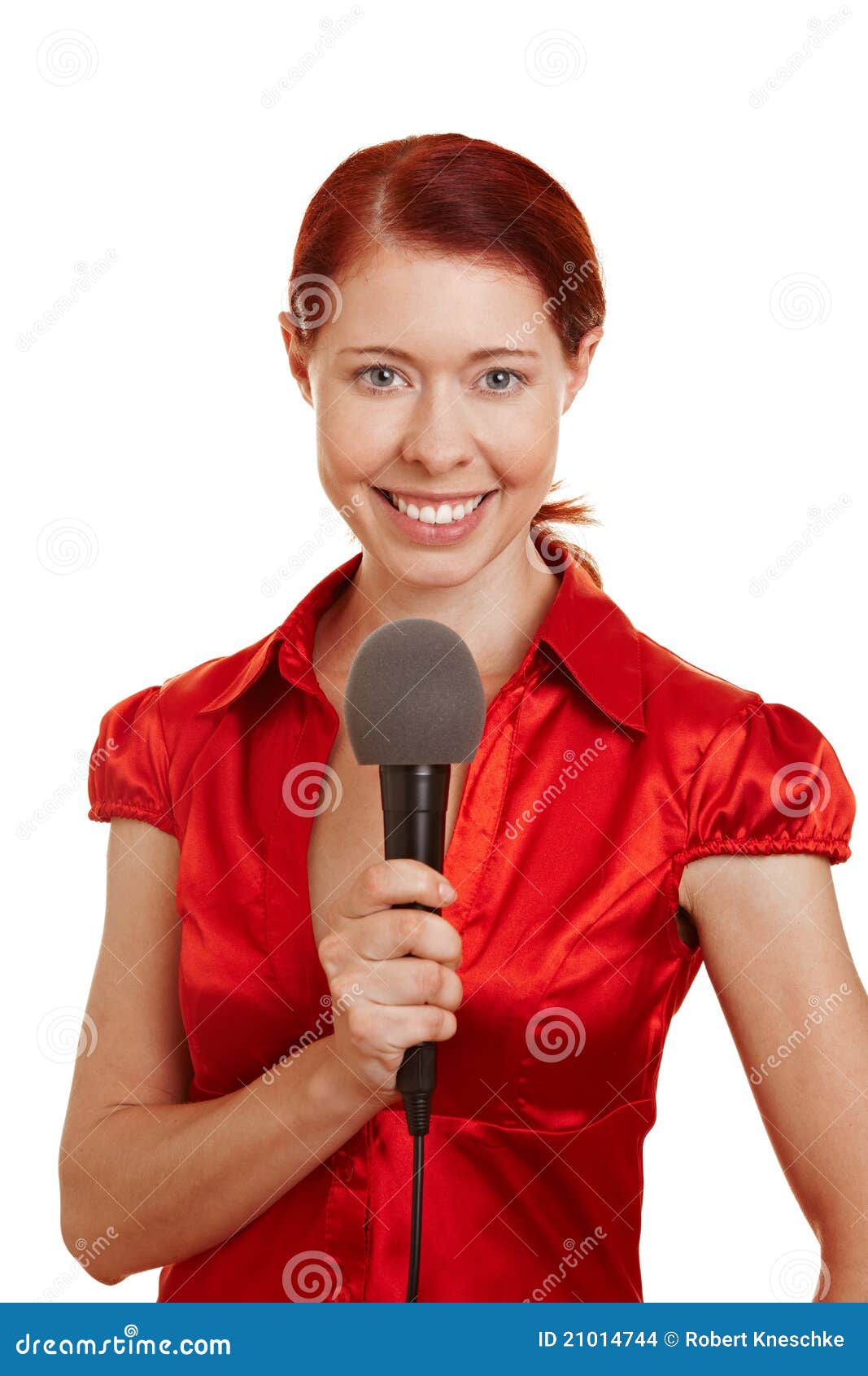 Smiling Woman with Microphone Stock Photo - Image of reporter ...