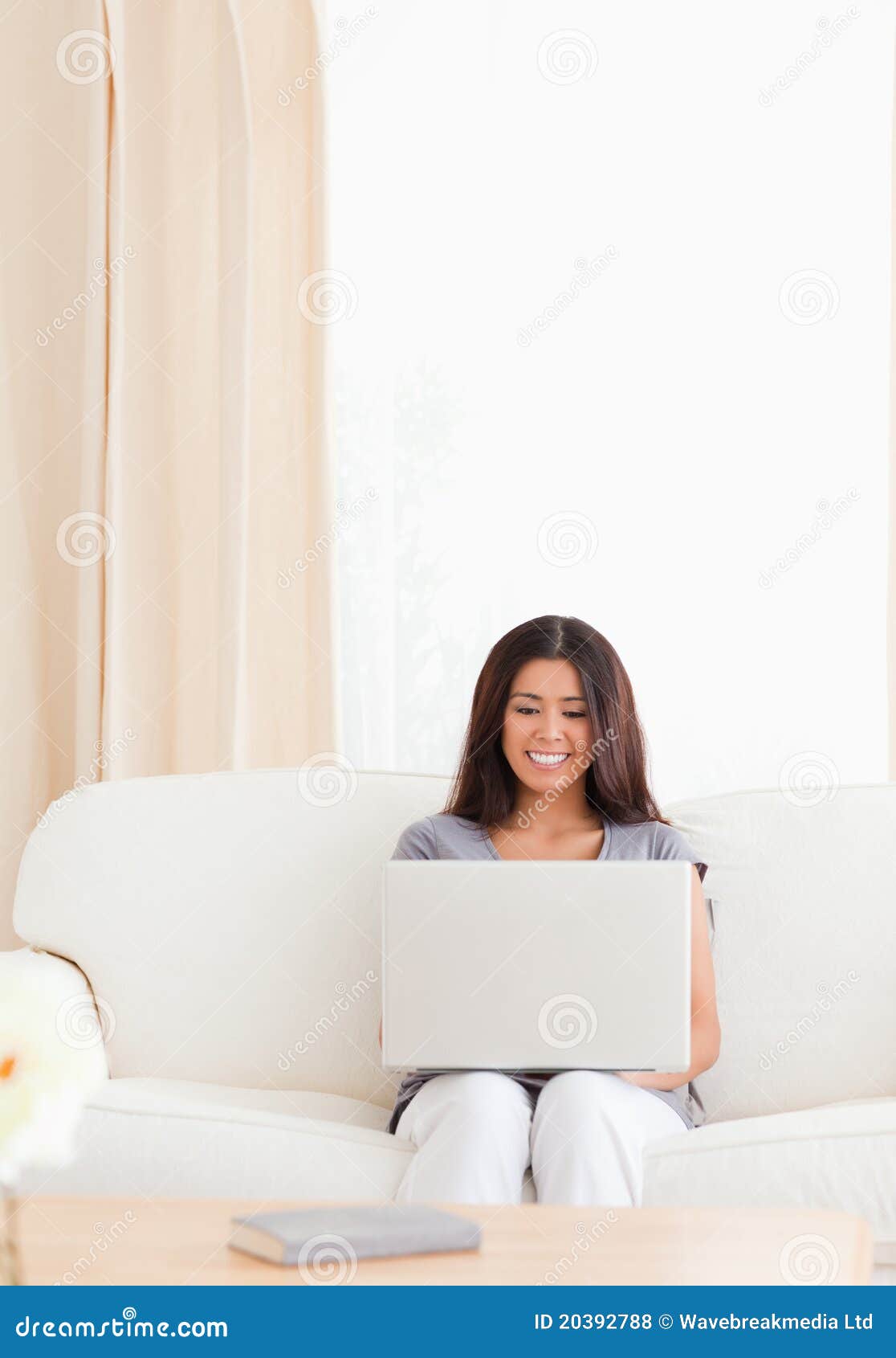 Smiling Woman with Notebook on the Sofa Stock Photo - Image of cheerful ...