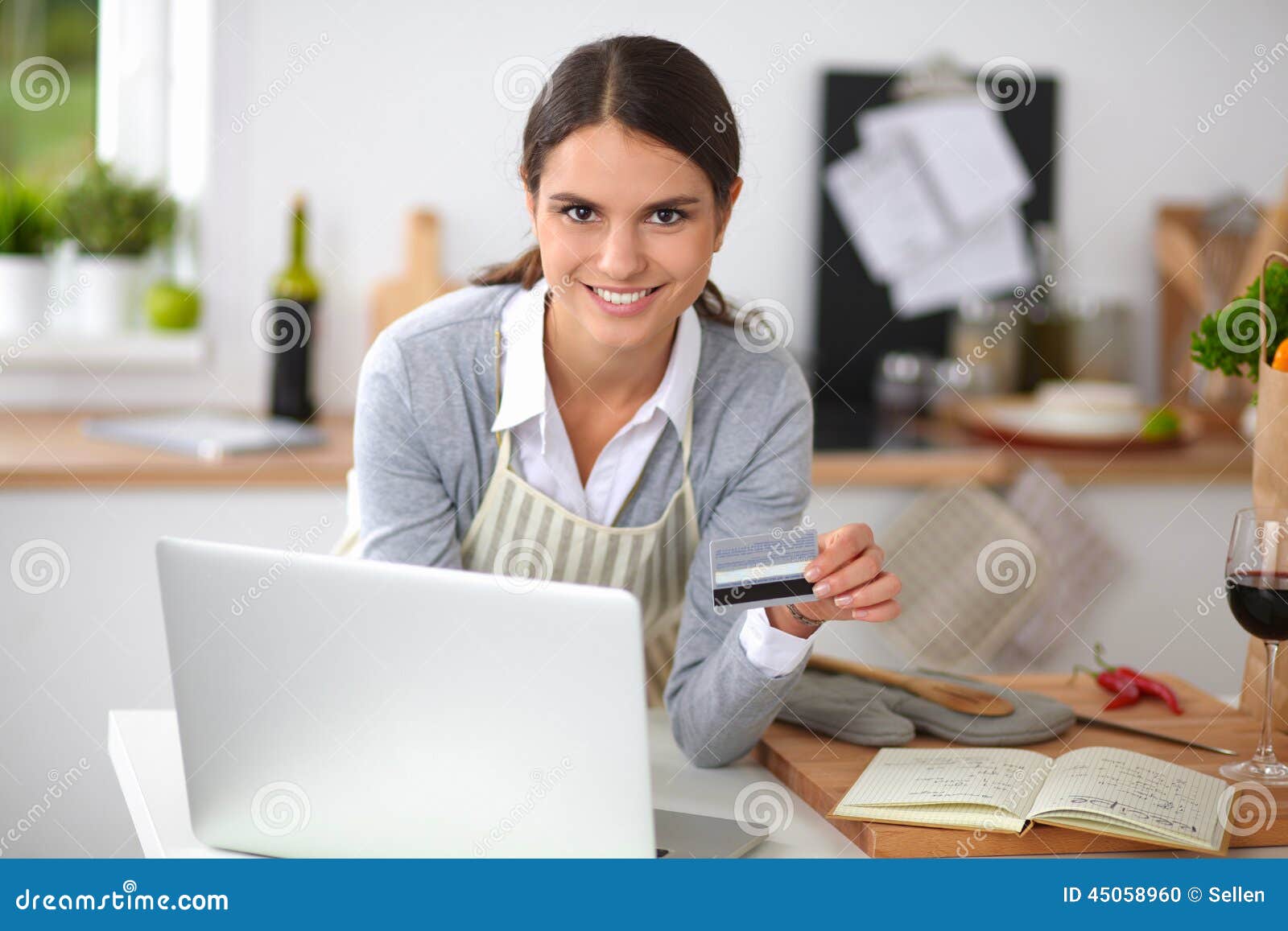 Smiling Woman Online Shopping Using Computer and Stock Photo - Image of ...