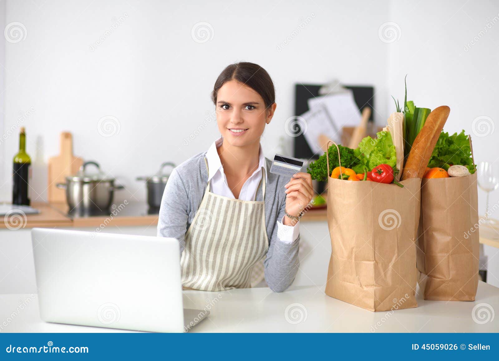 Smiling Woman Online Shopping Using Computer and Stock Photo - Image of ...