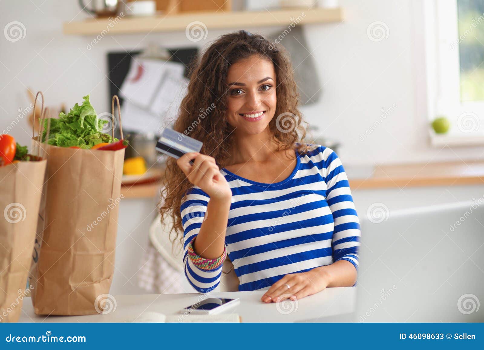 Smiling Woman Online Shopping Using Computer and Stock Image - Image of ...