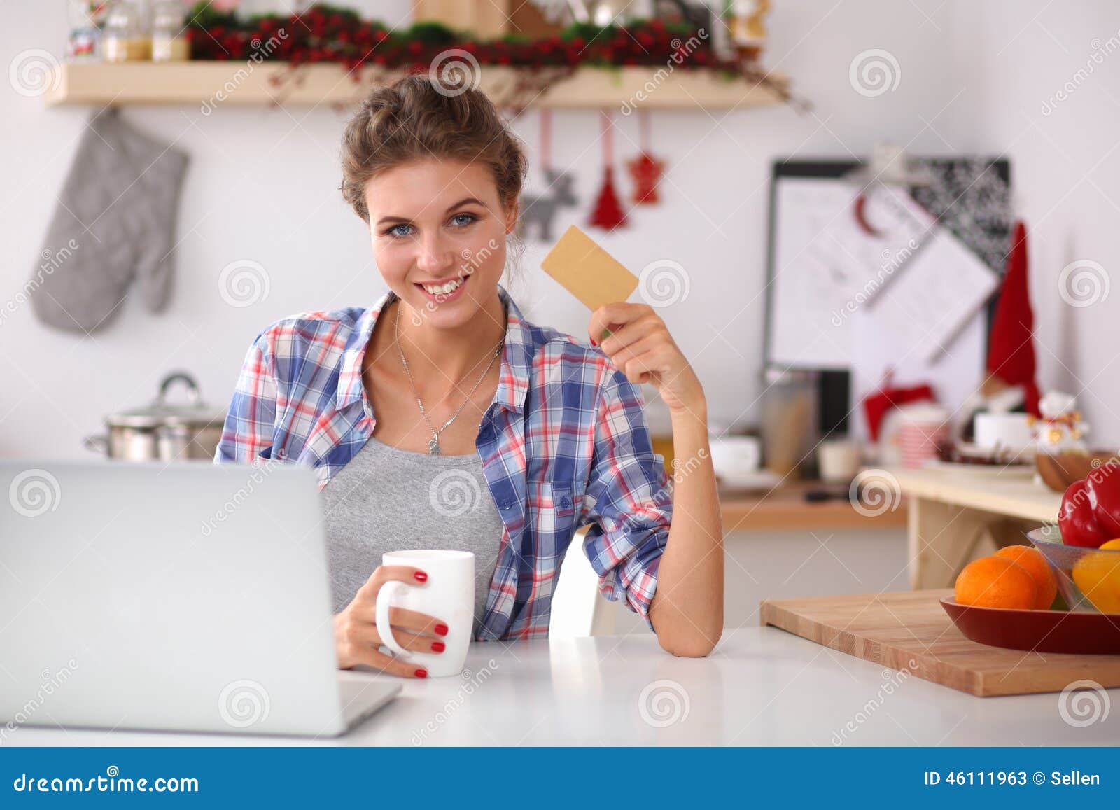 Smiling Woman Online Shopping Using Computer and Stock Image - Image of ...