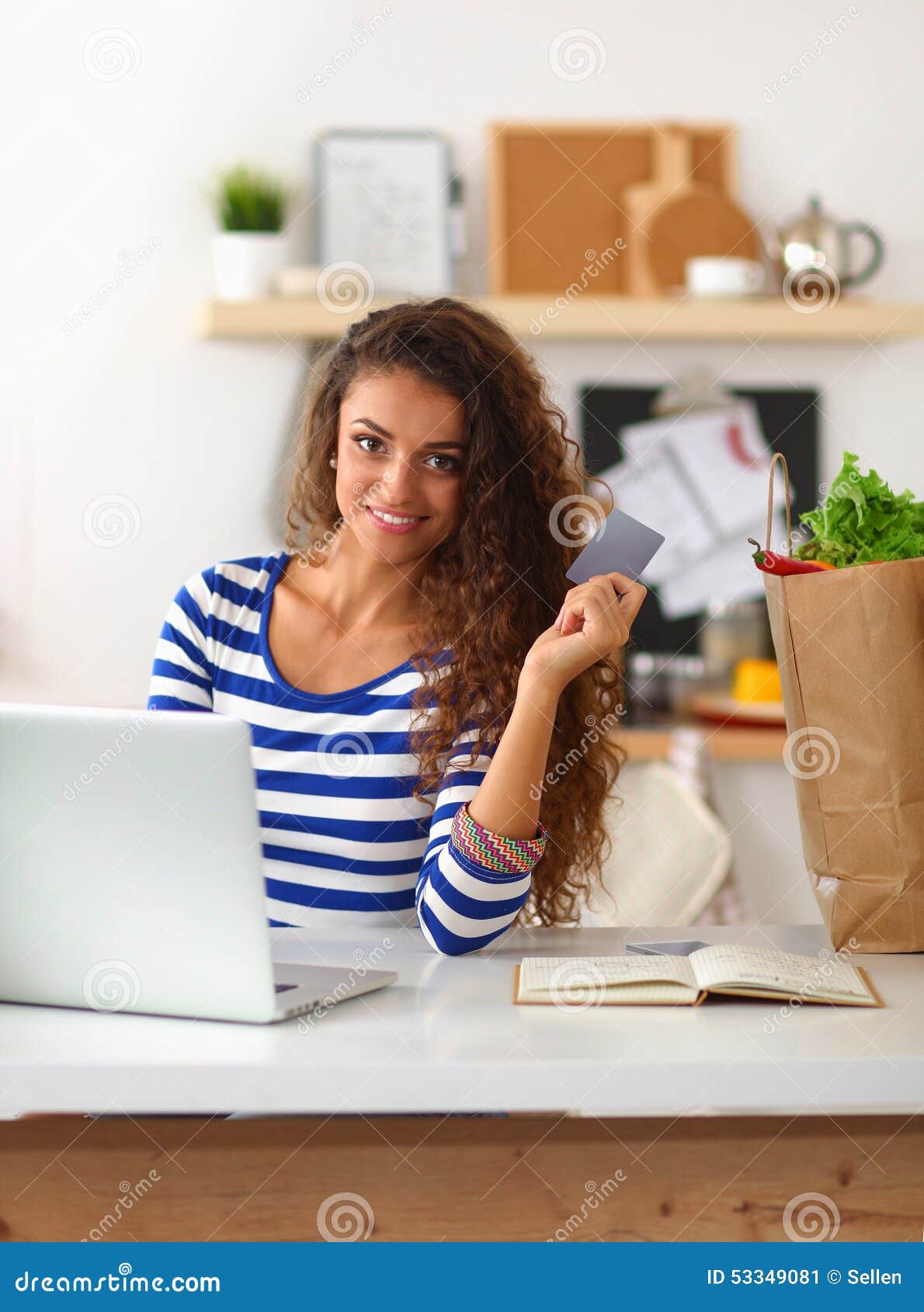 Smiling Woman Online Shopping Using Computer and Stock Image - Image of ...