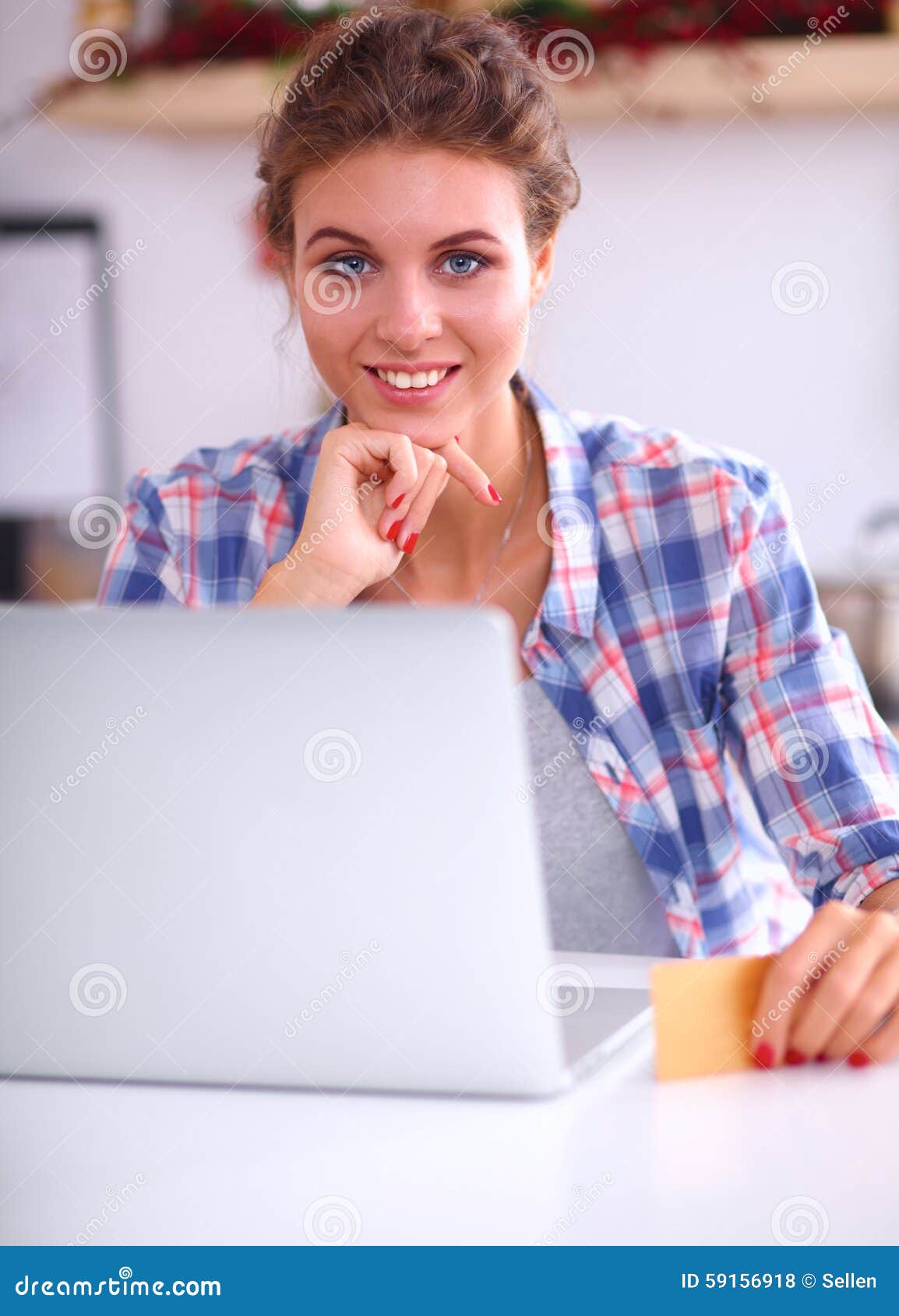 Smiling Woman Online Shopping Using Computer and Stock Photo - Image of ...
